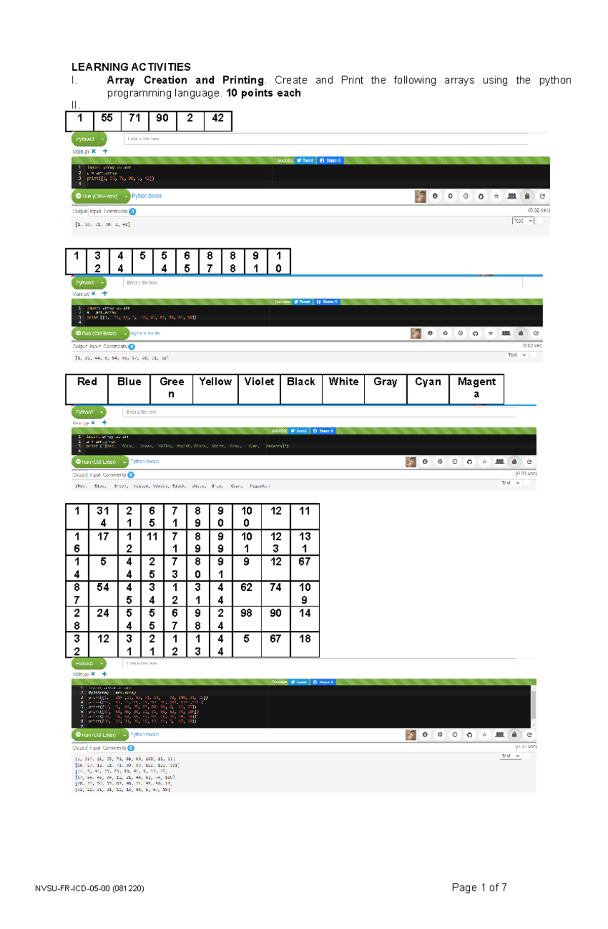 IM1 - Answer to activities - LEARNING ACTIVITIES I. Array Creation and ...