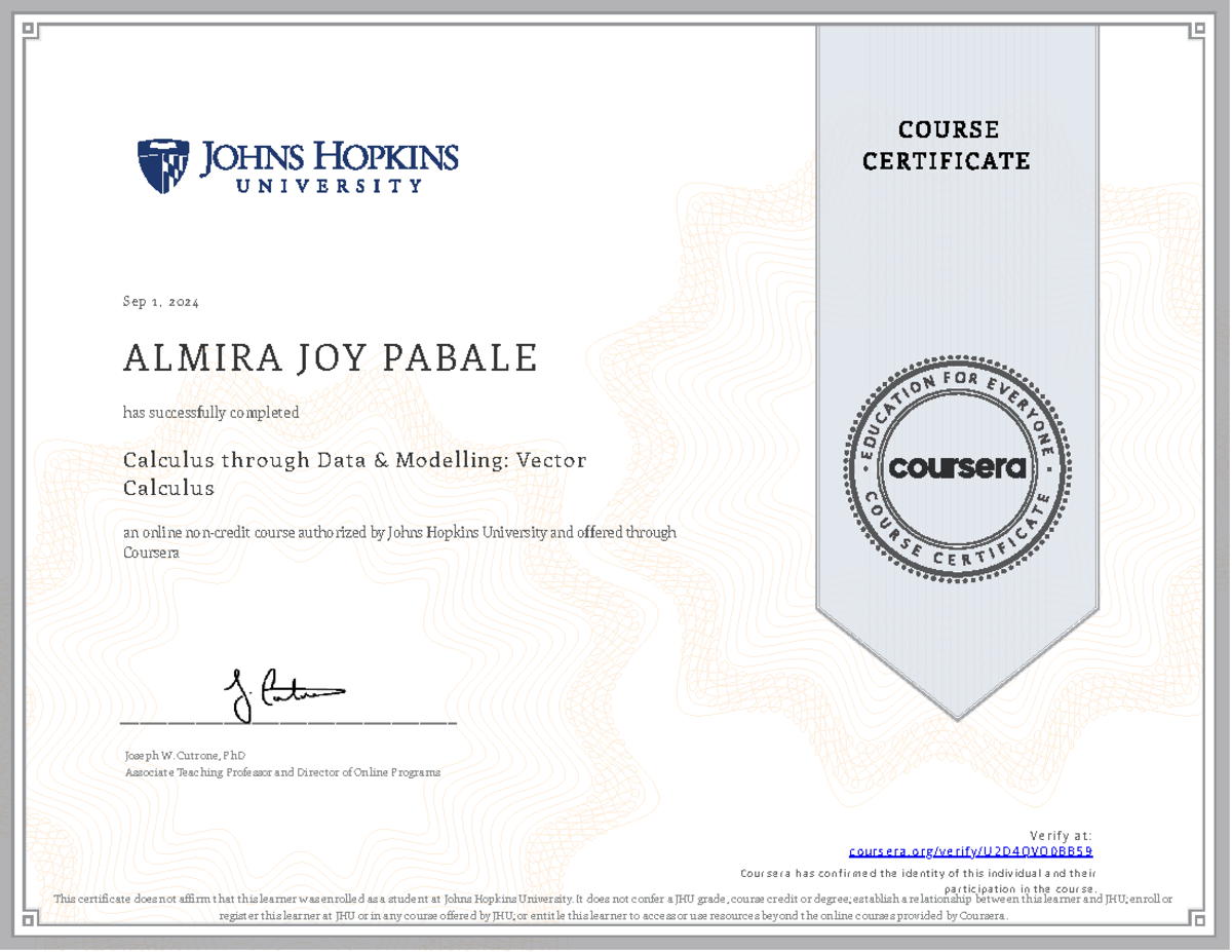 Coursera U2D4QVO0BB59 - S ep 1 , 2 02 4 AL MIRA JOY PABAL E Calcu lu s ...