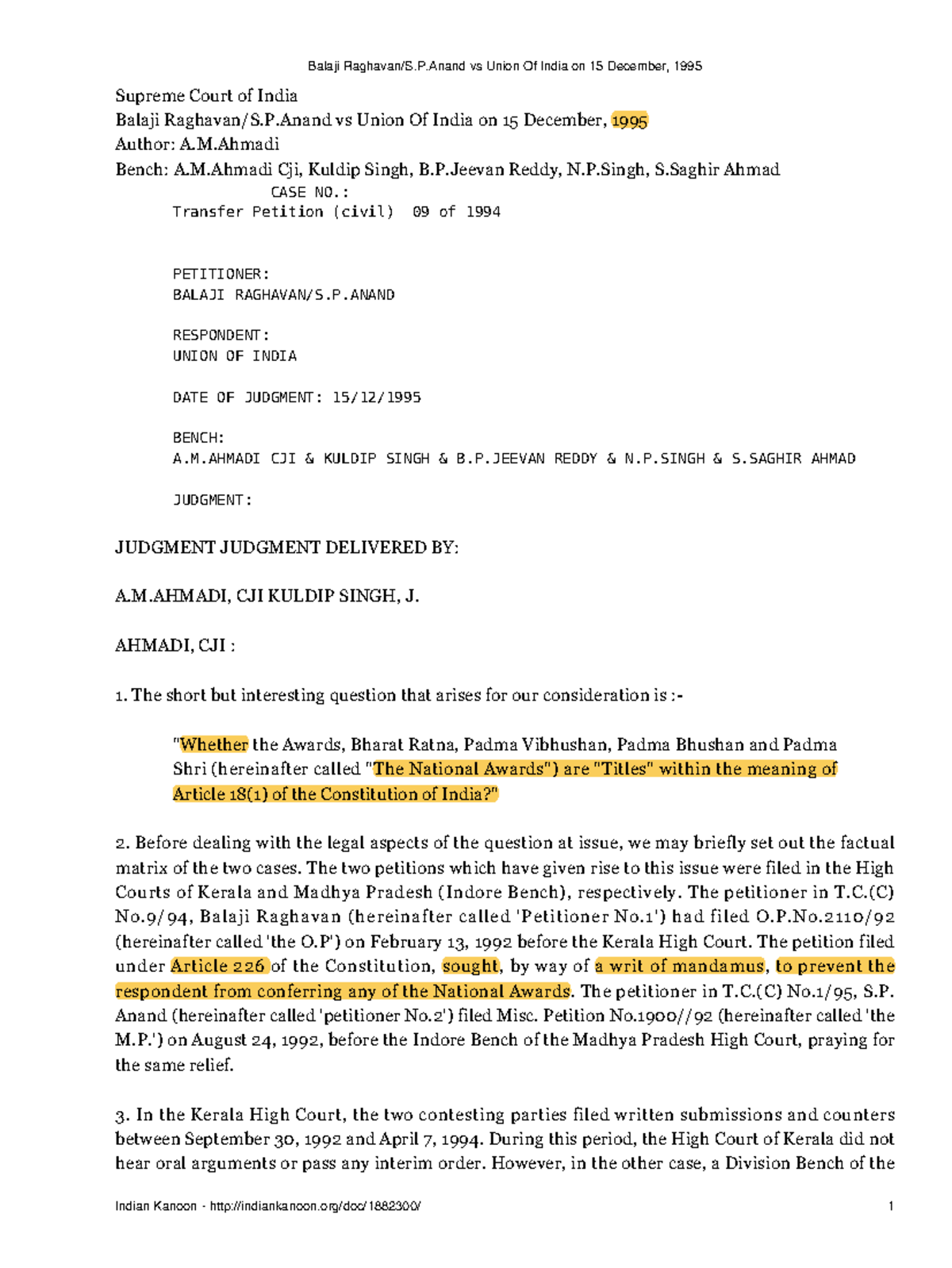 Balaji Raghavan S P Anand vs Union Of India on 15 December 1995 ...