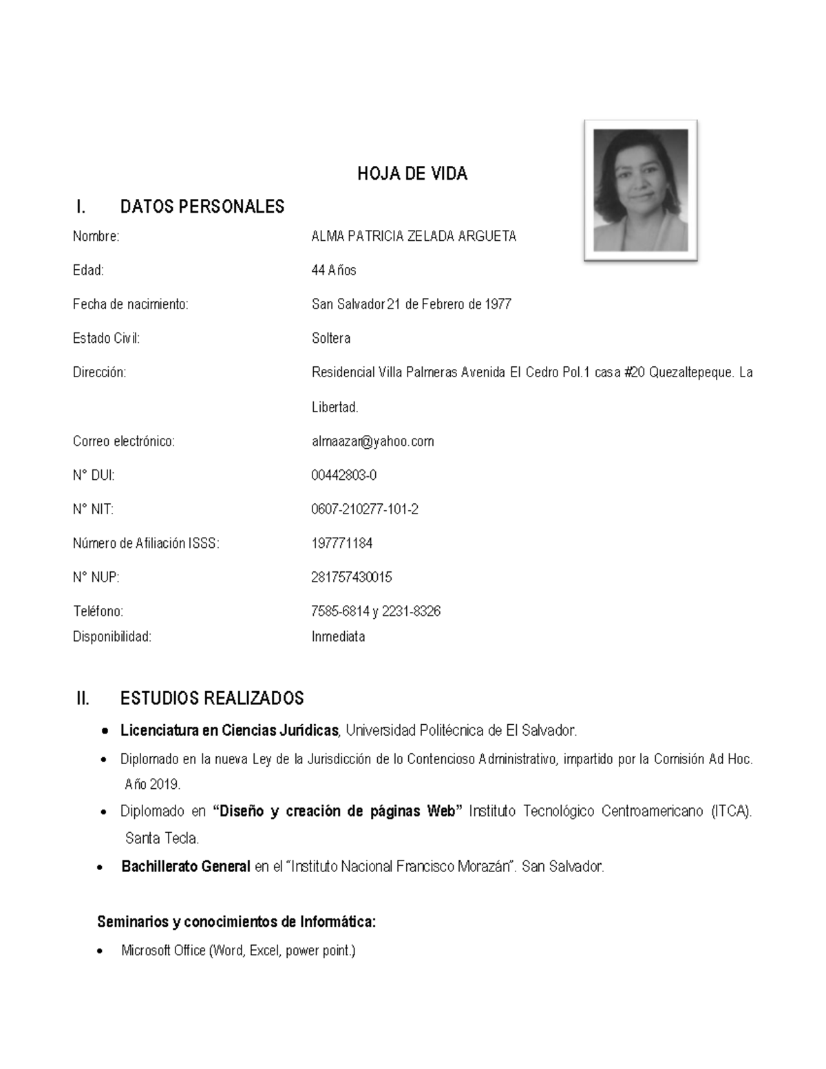 Licenciada ALMA Patricia Zelada Argueta - HOJA DE VIDA I. DATOS ...