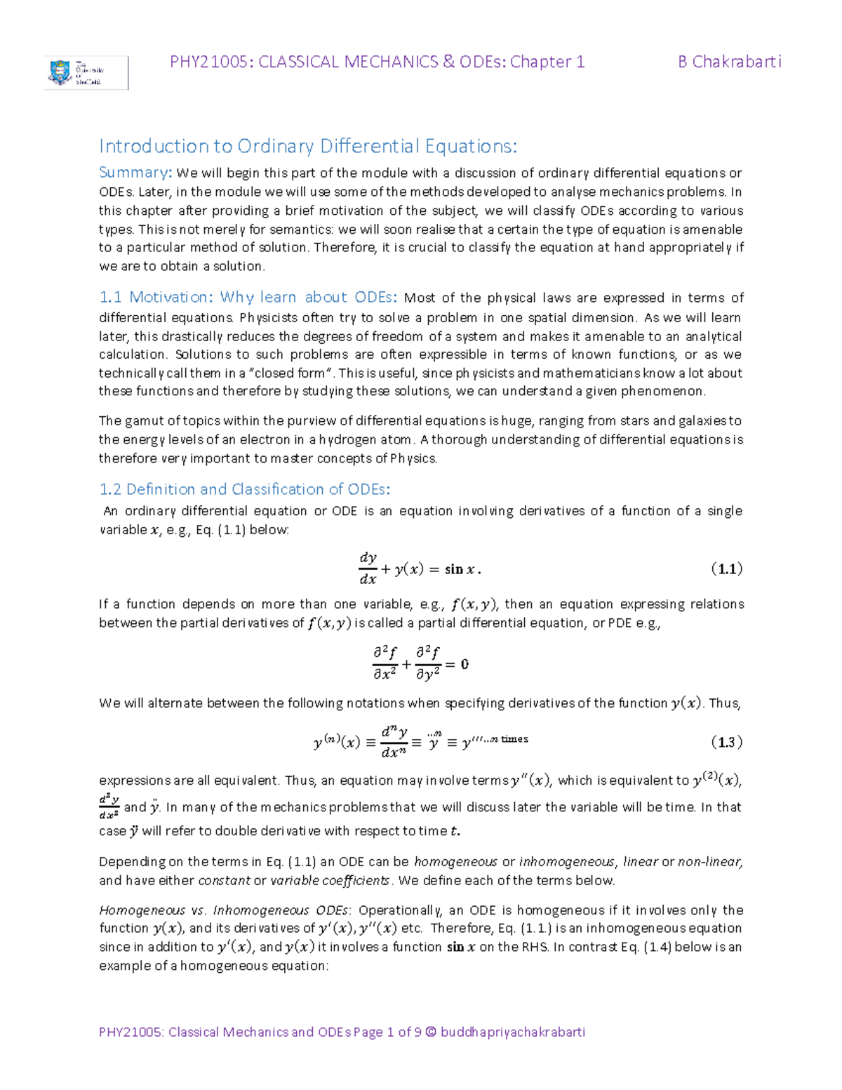 PHY21005 ODE Lecture 1 - Note Summary - PHY21005: CLASSICAL MECHANICS ...