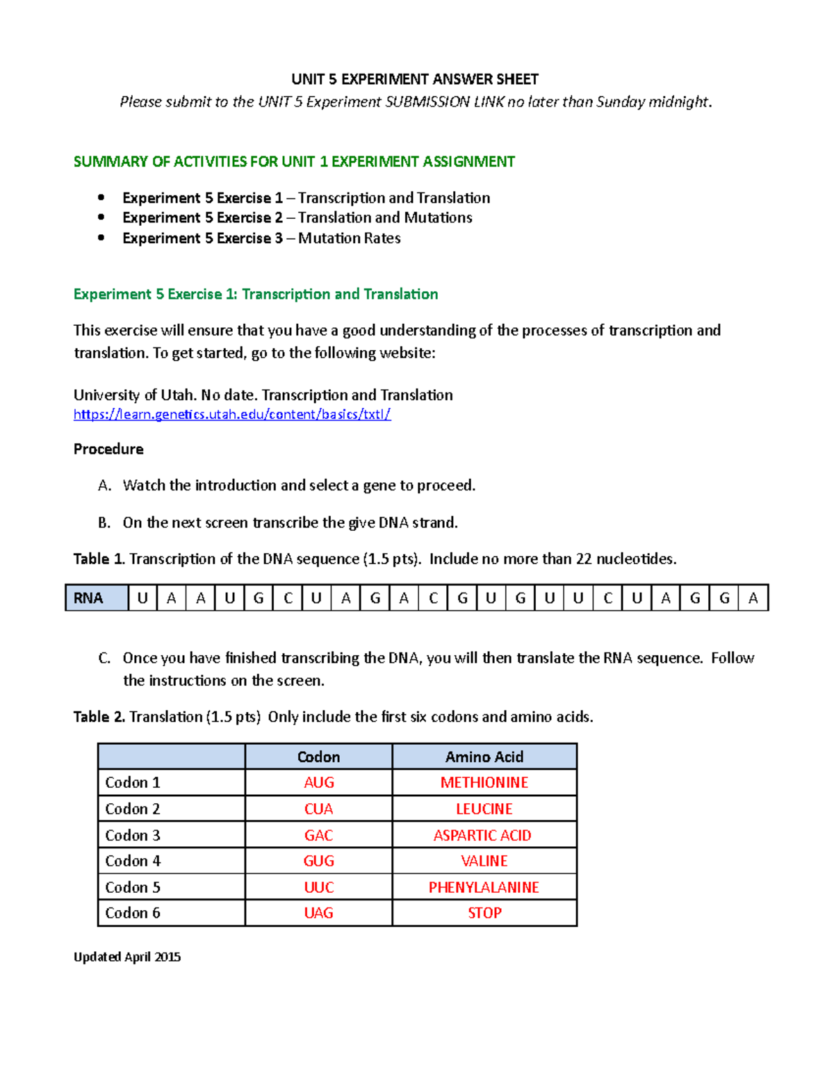 Week 5 Experiment Answer Sheet (30) - BI101 - UNIT 5 EXPERIMENT ANSWER ...
