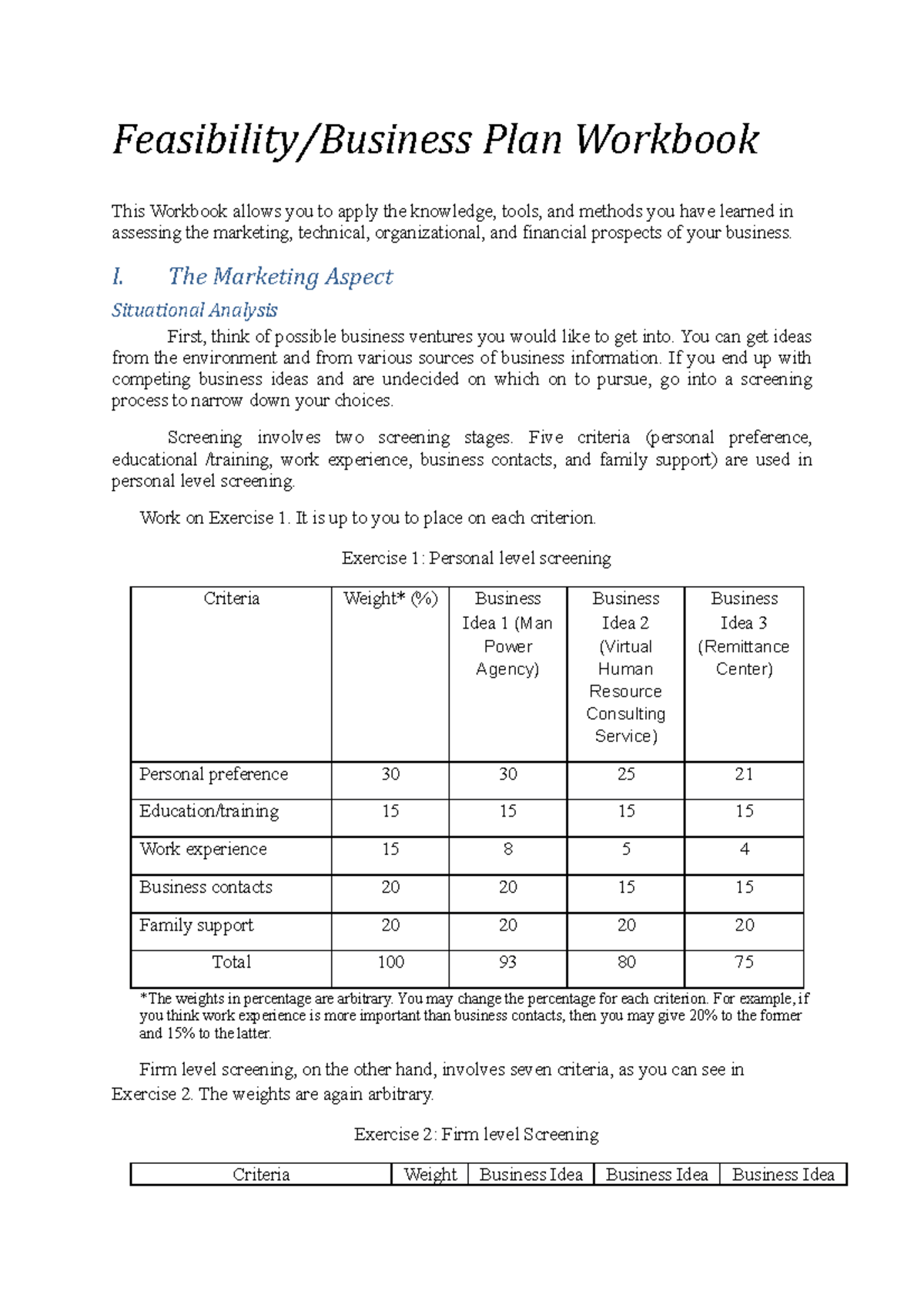 Feasib business plan workbook - Feasibility/Business Plan Workbook This ...