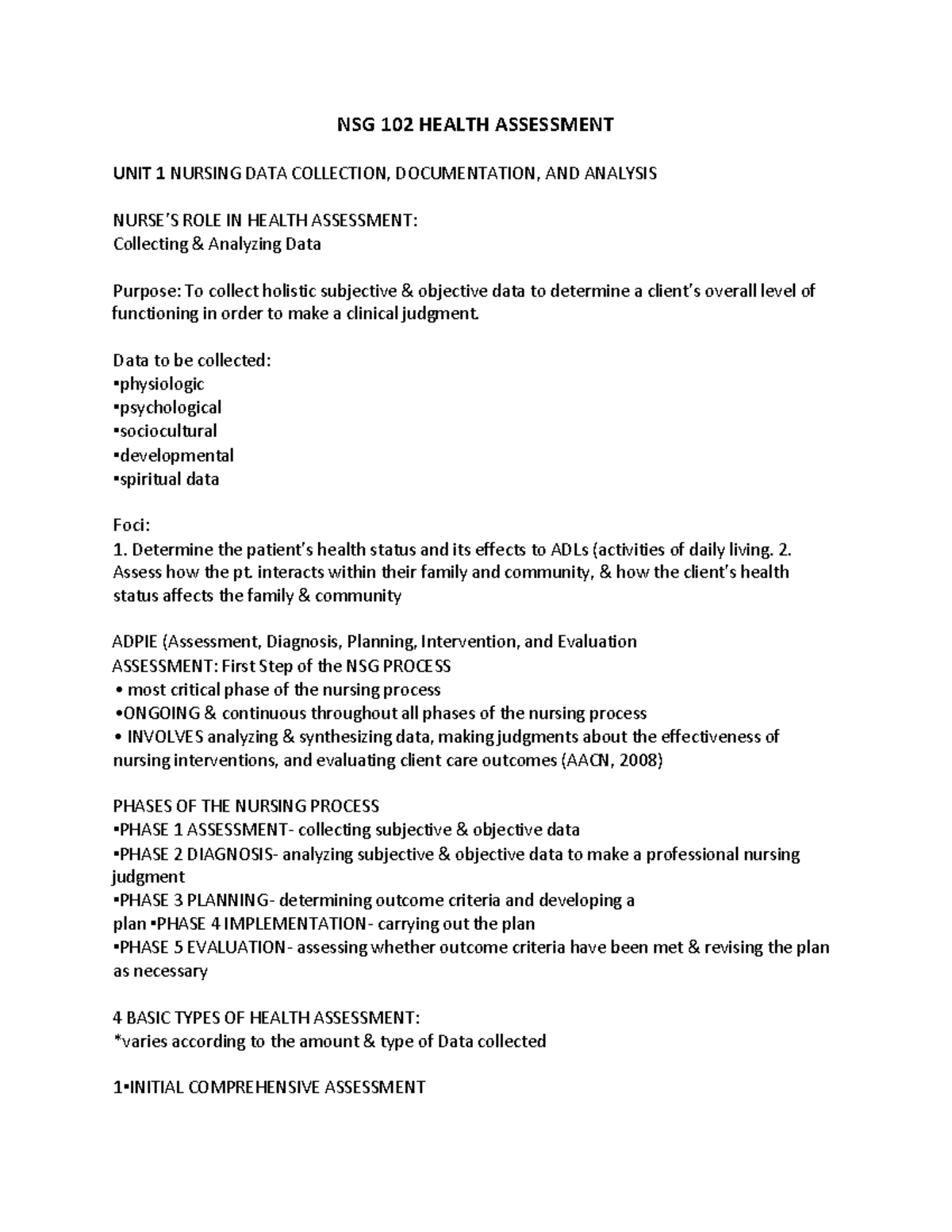 Health Assessments - NSG 102 HEALTH ASSESSMENT UNIT 1 NURSING DATA ...