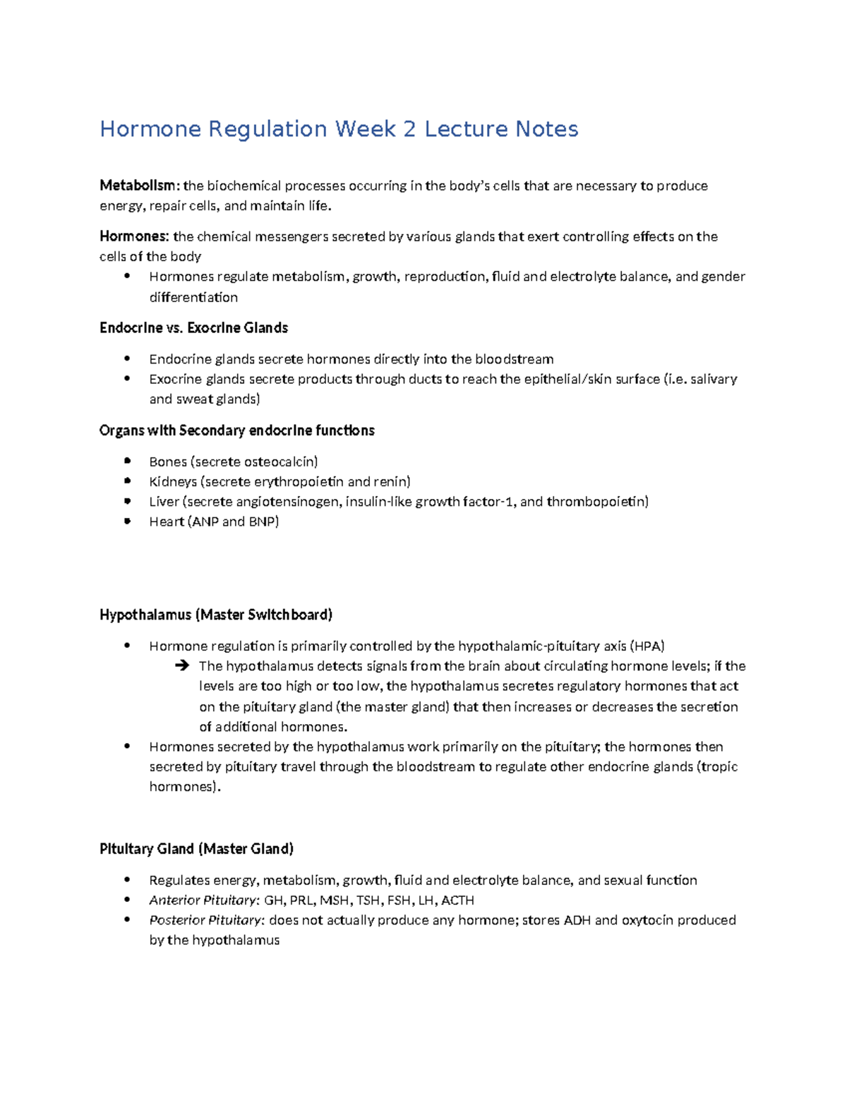 Hormone Regulation Lecture Notes - Hormone Regulation Week 2 Lecture ...