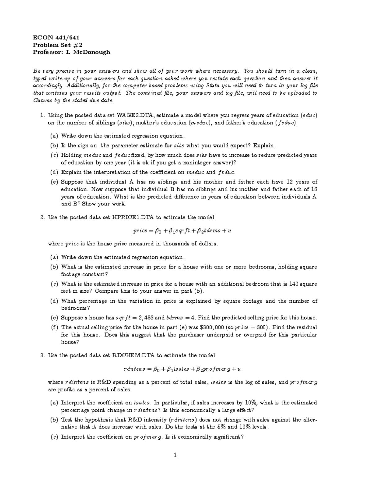 Chemistry PS2 for class - ECON 441/ Problem Set # Professor: I ...