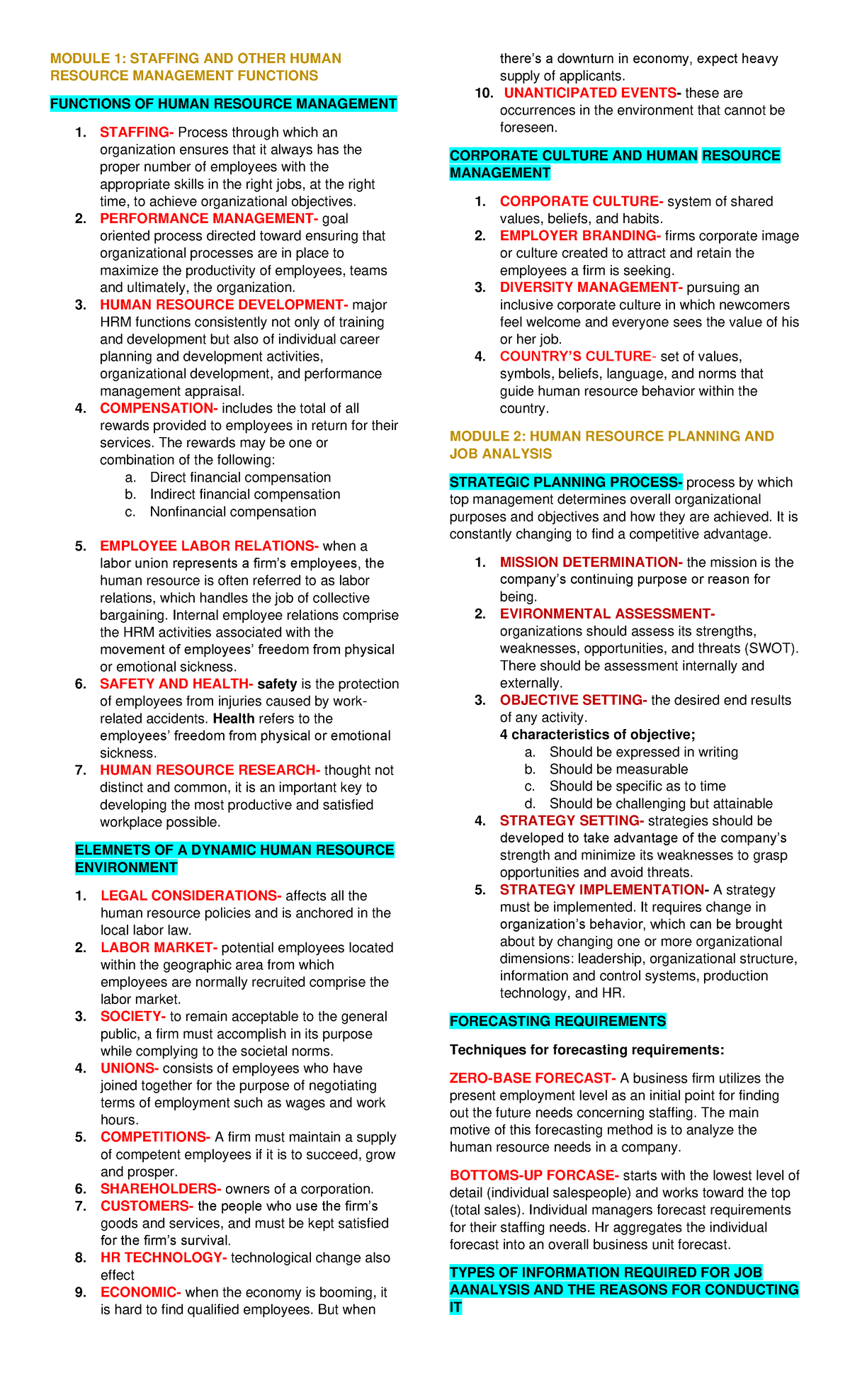 HRM MOD 1-5 - module 1-5 notes - MODULE 1: STAFFING AND OTHER HUMAN ...