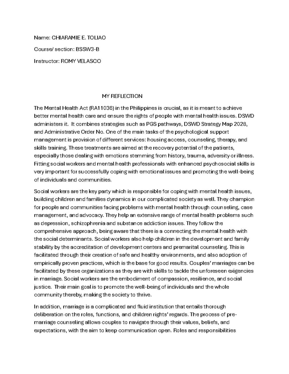 Reflection - Summary Junior High School - Name: CHIARAMIE E. TOLIAO ...