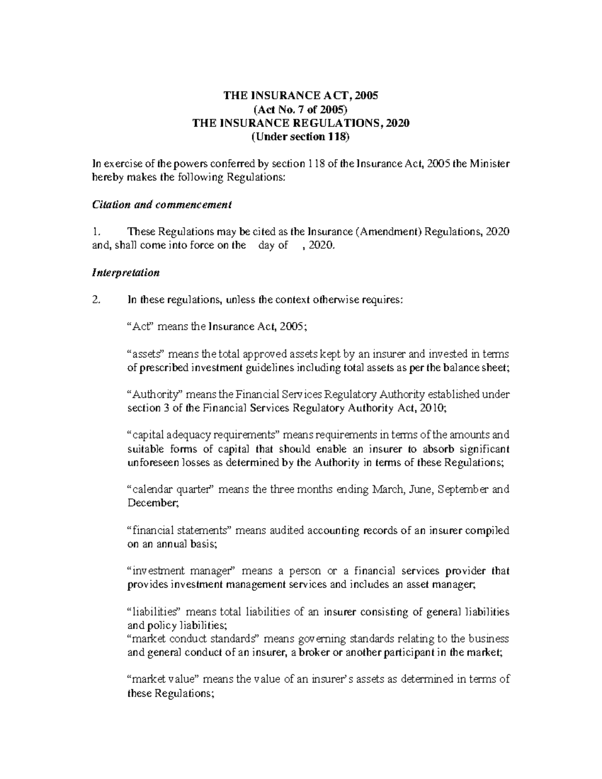 Insurance Regulations 2020 Final 07 07 2020 - THE INSURANCE ACT, 2005 ...