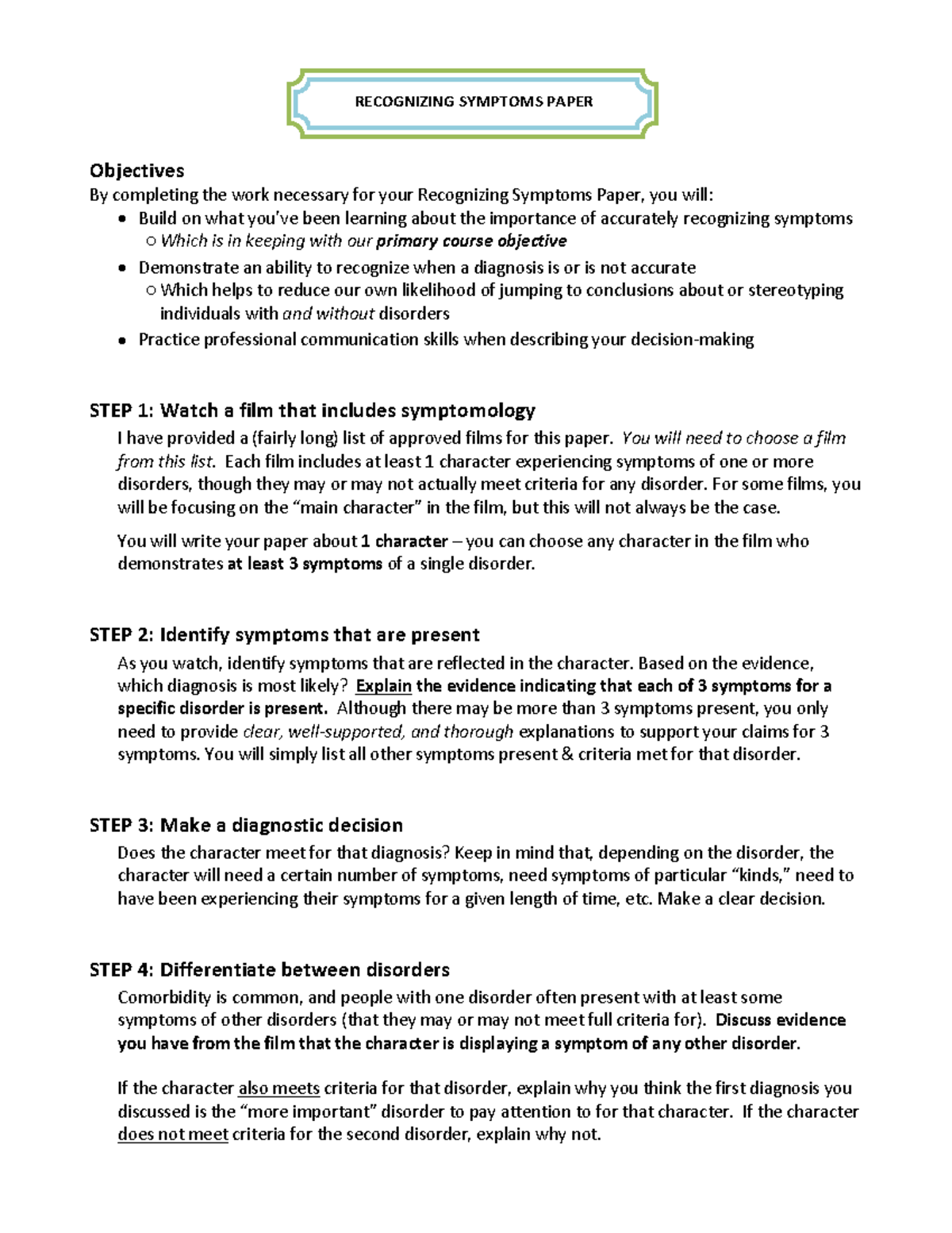 Recognizing Symptoms Paper - You will need to choose a film from this ...