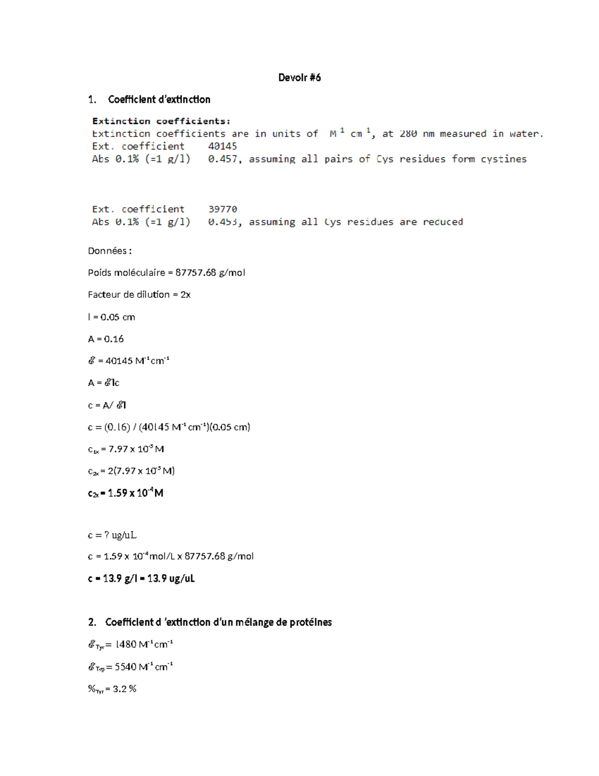 devoir #6 - laboratoire - Devoir 1. Coefficient d’extinction Données : Poids moléculaire = 87757 ...