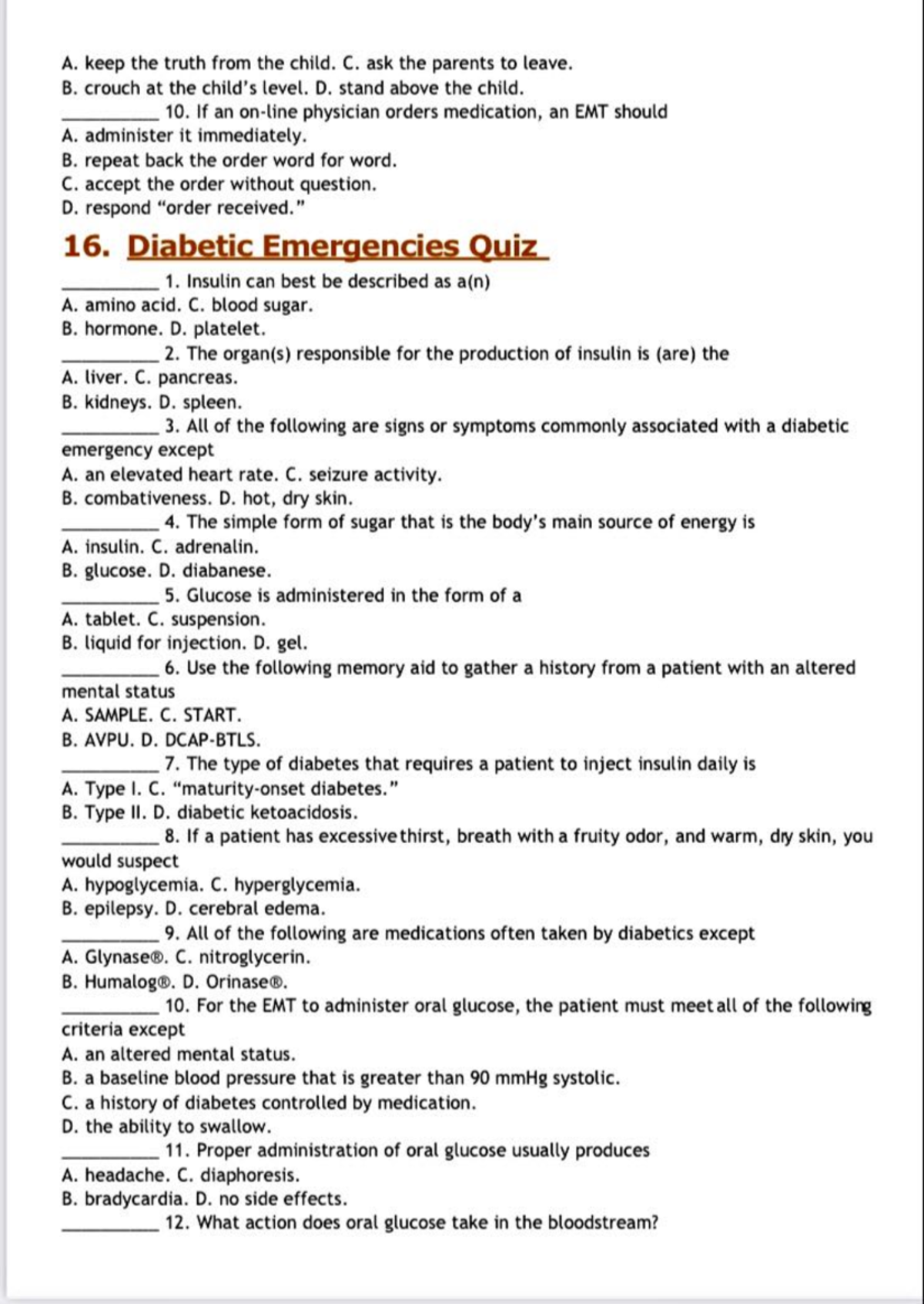Diabetic Emergency management care questions - . keep the truth from ...