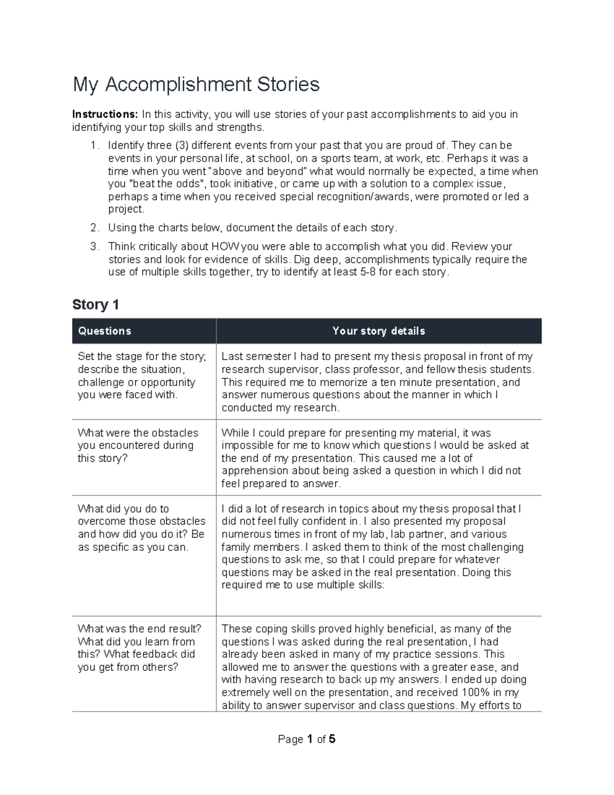 Accomplishments Worksheet U2 - My Accomplishment Stories Instructions ...