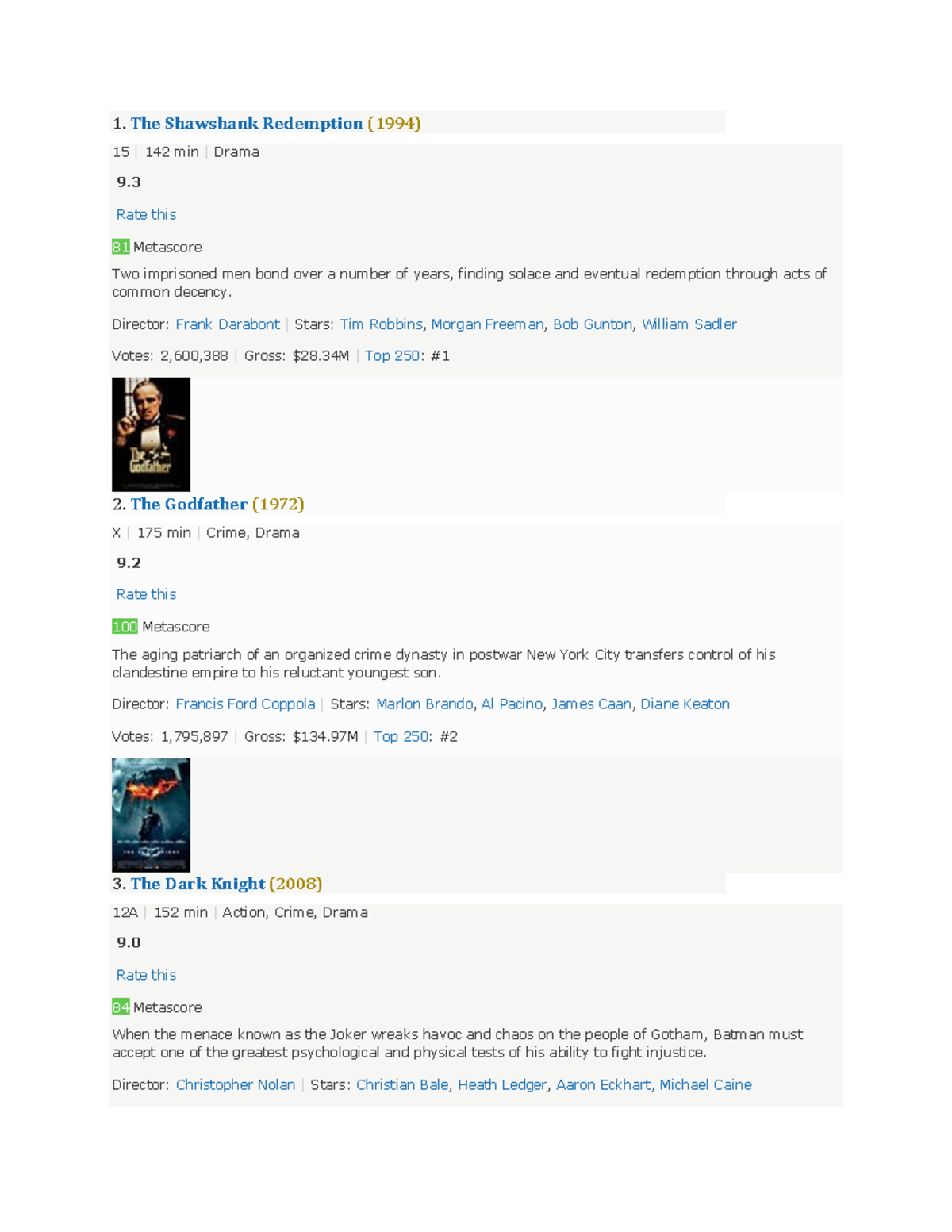 Top 100 - Its a list of top hundred movies according to Internet Movie ...