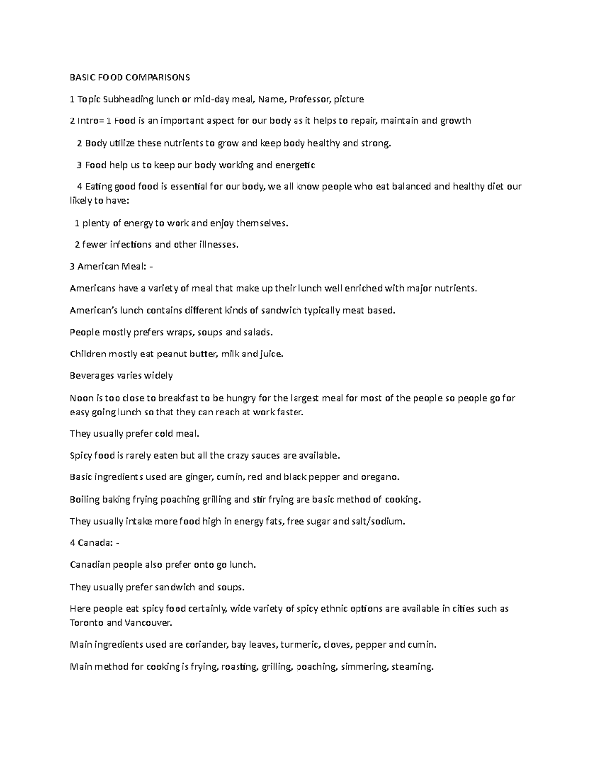 Basic FOOD Comparisons - CULT10001G - Sheridan College - Studocu