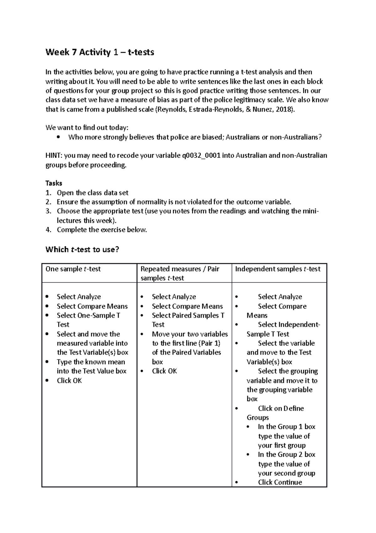 Week 7 Activity 1 - ASSIGNMENT INFO - Week 7 Activity 1 – t-tests In ...