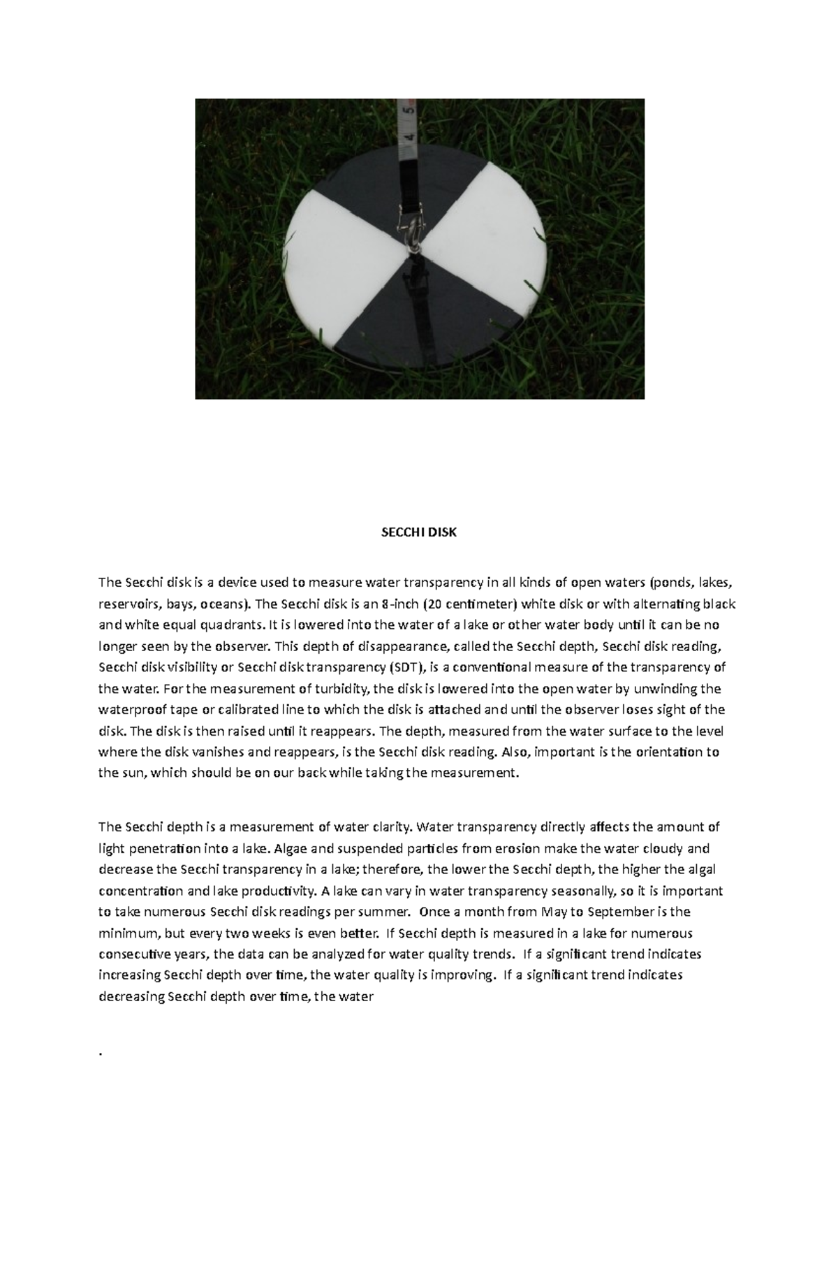 Limnology project - Equipments - SECCHI DISK The Secchi disk is a ...