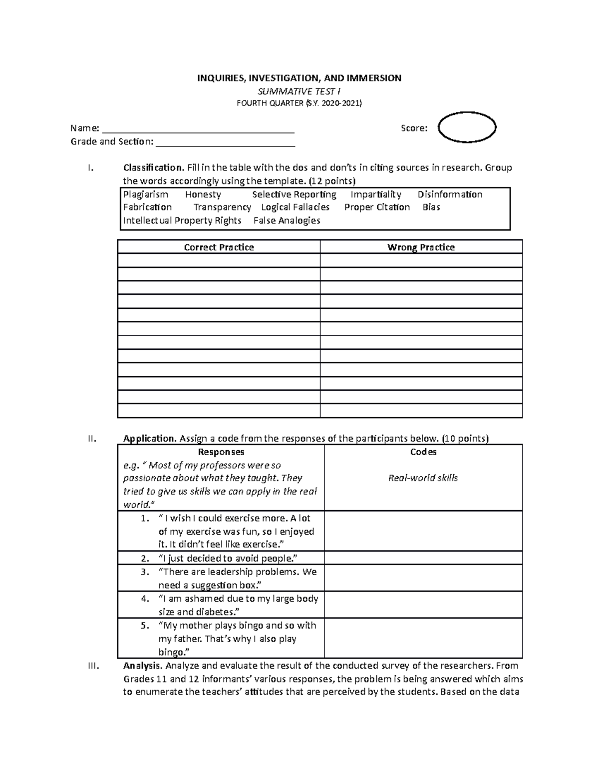 Inquiries - INQUIRIES, INVESTIGATION, AND IMMERSION SUMMATIVE TEST I ...