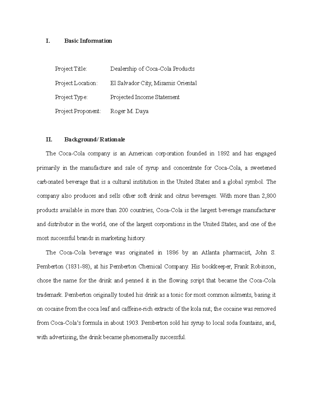 Project Proposal - I. Basic Information Project Title: Dealership of ...