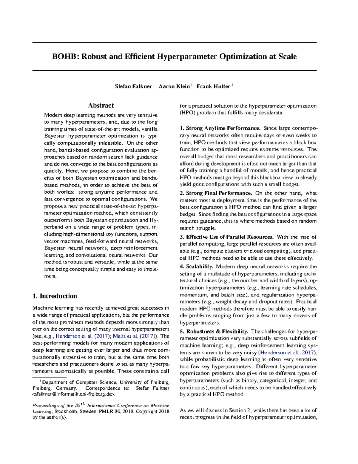 BOHB Robust and Efficient Hyperparameter Optimization at Scale - Stefan Falkner 1 Aaron Klein 1 ...