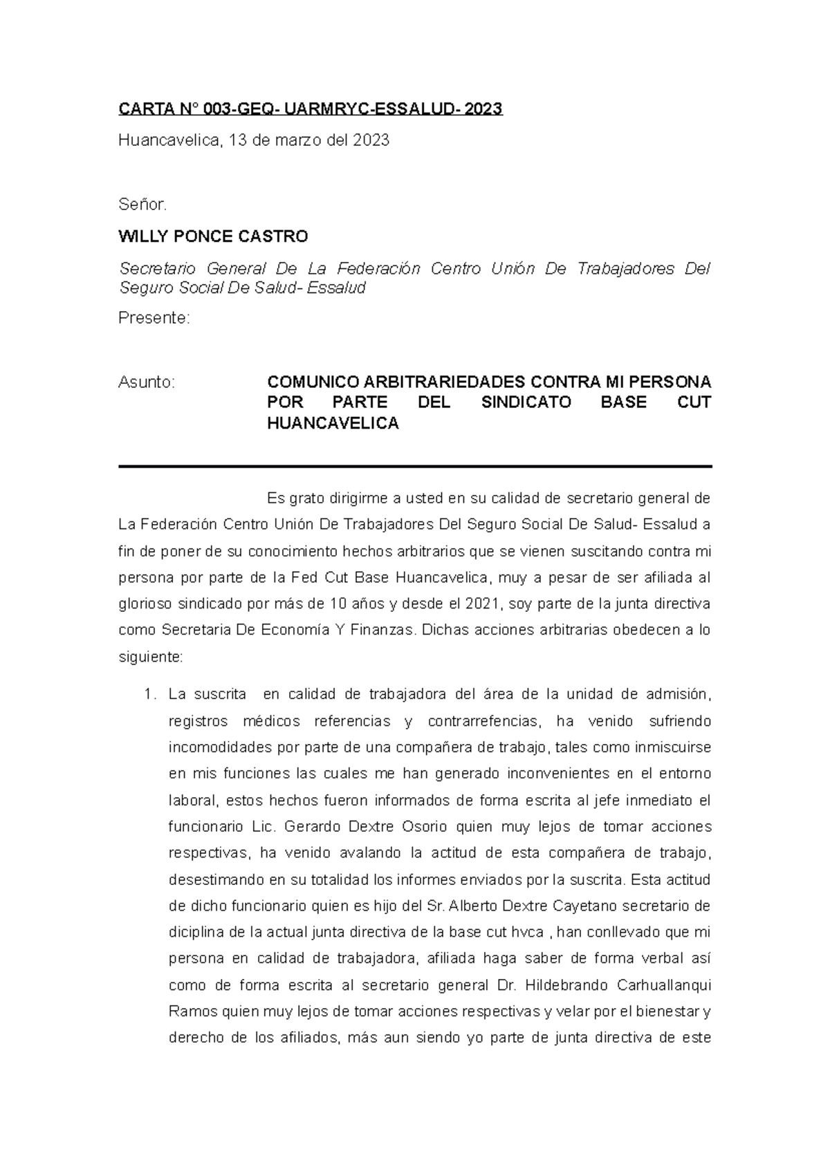 Carta N 003 - CARTA N° 003-GEQ- UARMRYC-ESSALUD- 2023 Huancavelica, 13 de marzo del 2023 Señor ...