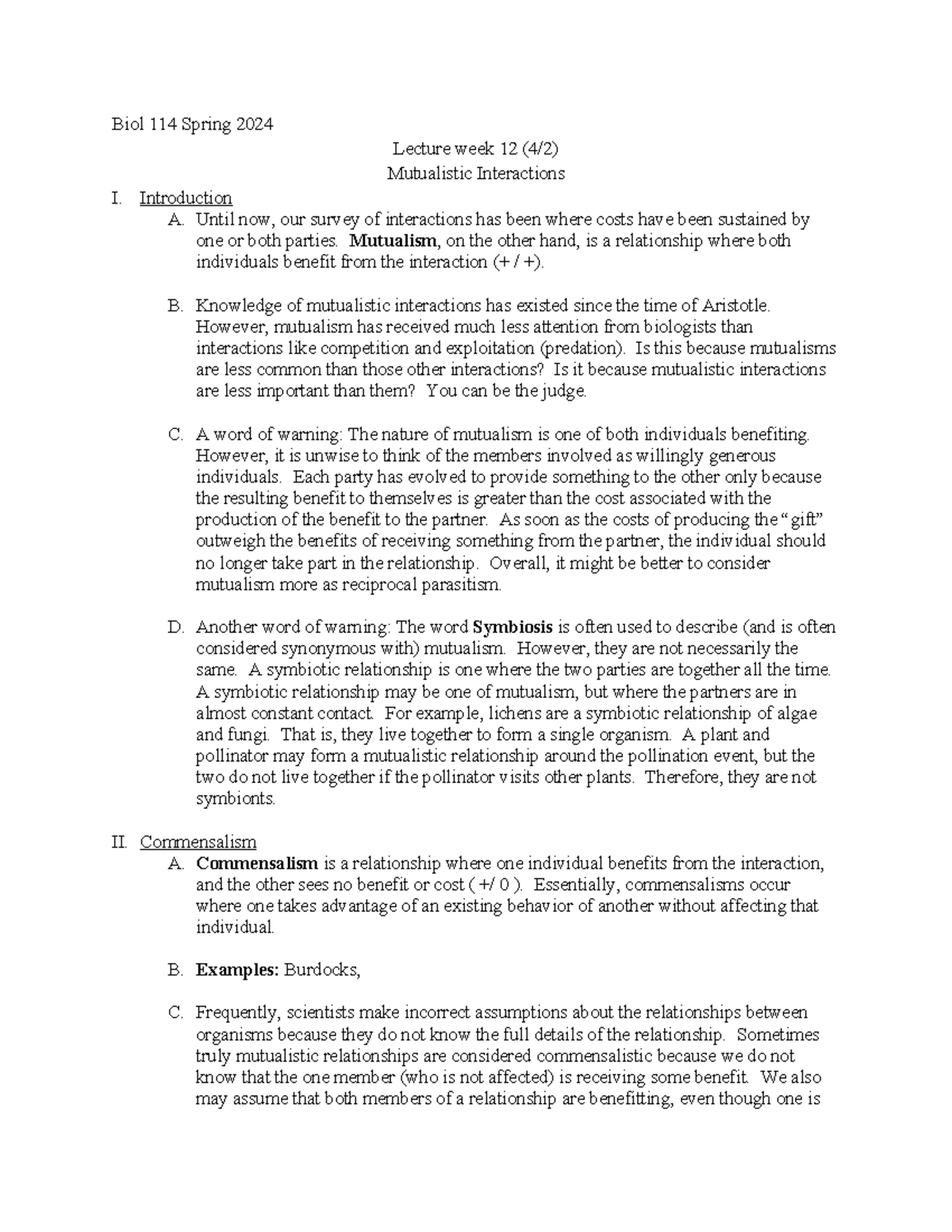 Lecture Week 12 4 2 Notes Mutualistic Interactions Biol 114