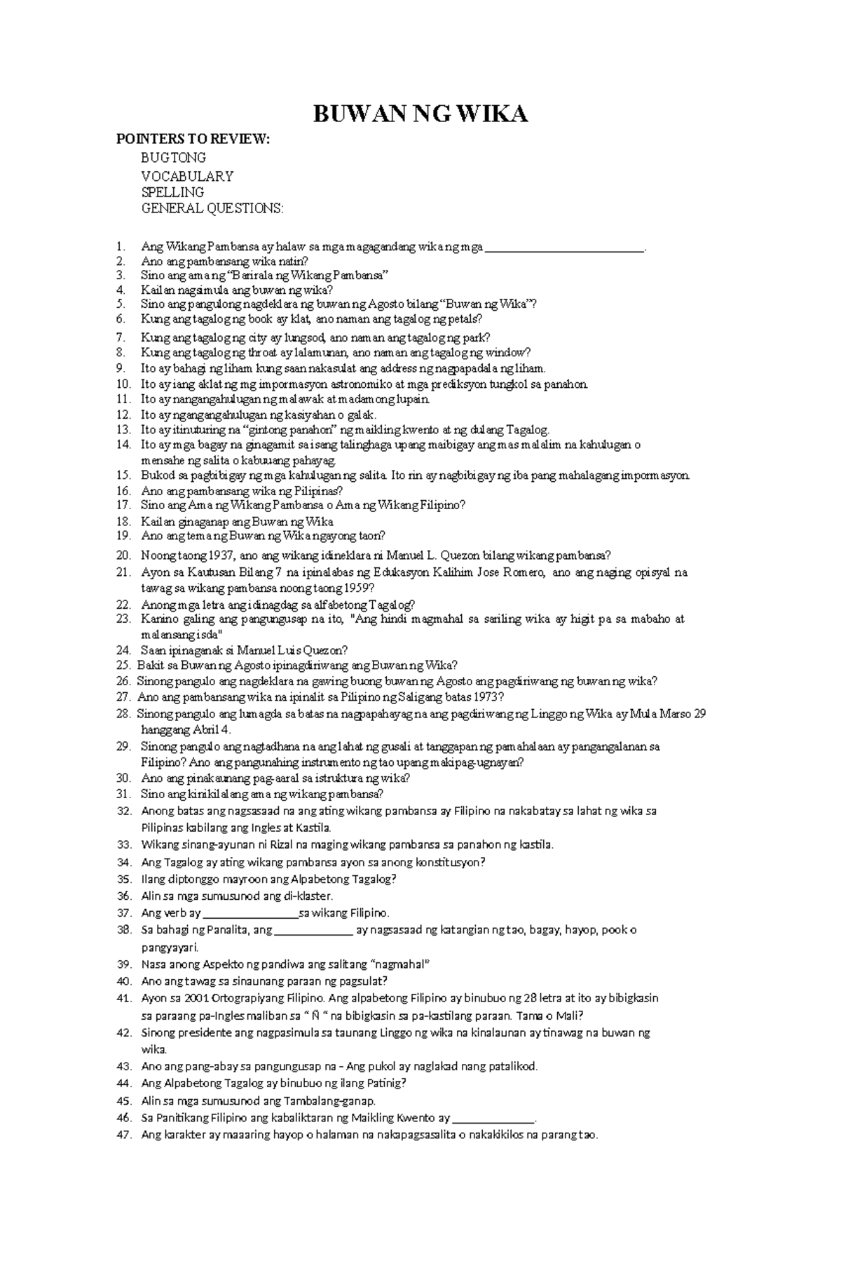 Tagisan NG Talino Reviewer - BUWAN NG WIKA POINTERS TO REVIEW: BUGTONG ...