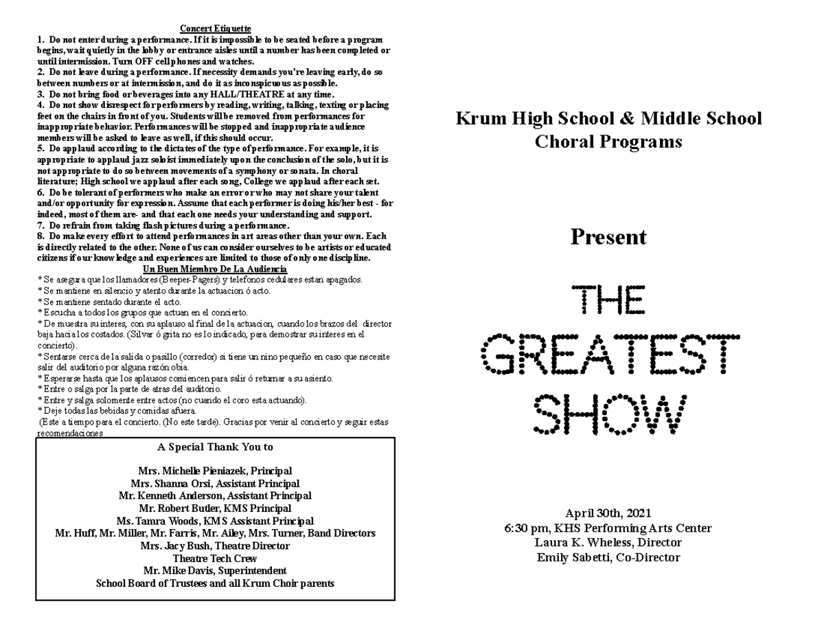 Greatest Show Spring Program 2021 - Concert Etiquette 1. Do not enter ...