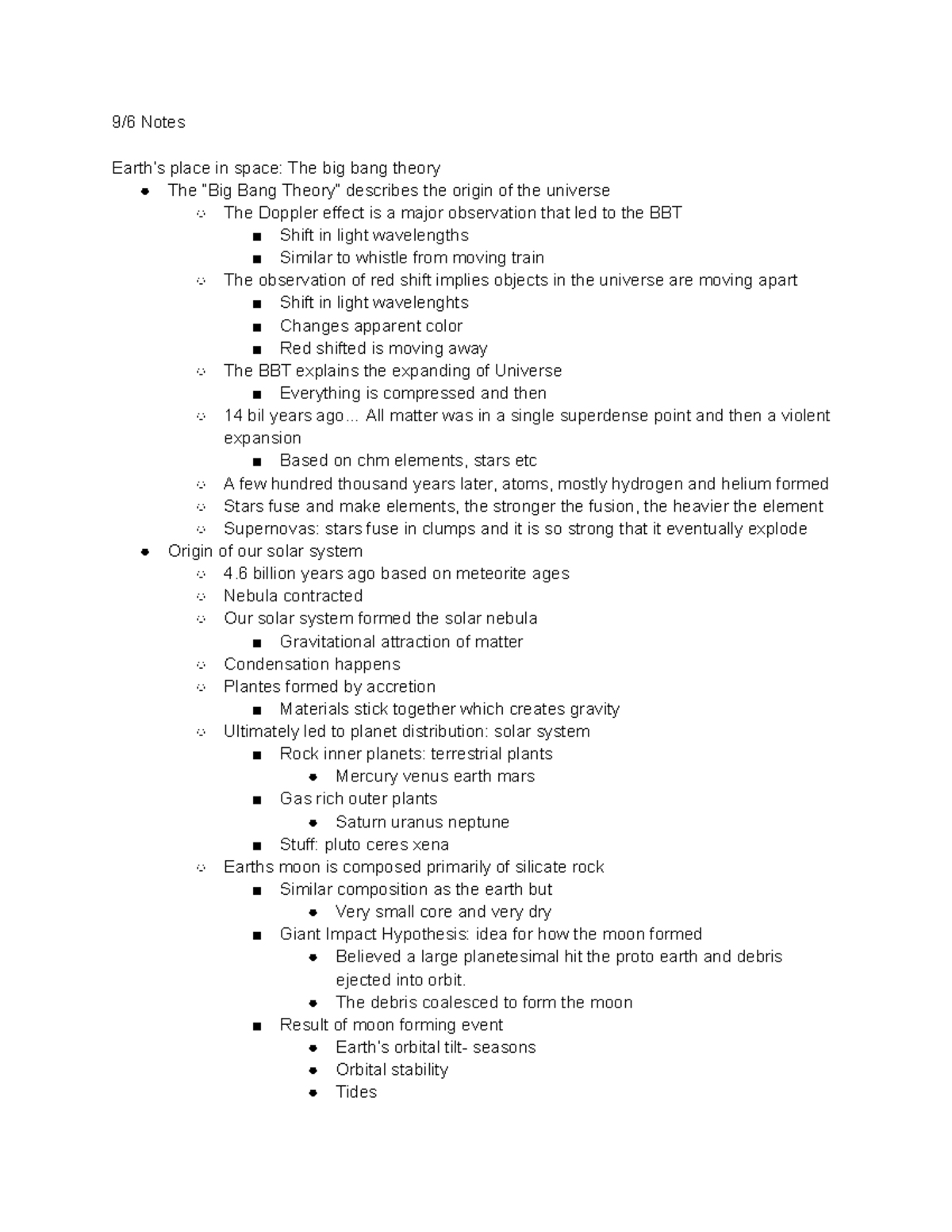Reading notes 1 - 9/6 Notes Earth’s place in space: The big bang theory ...