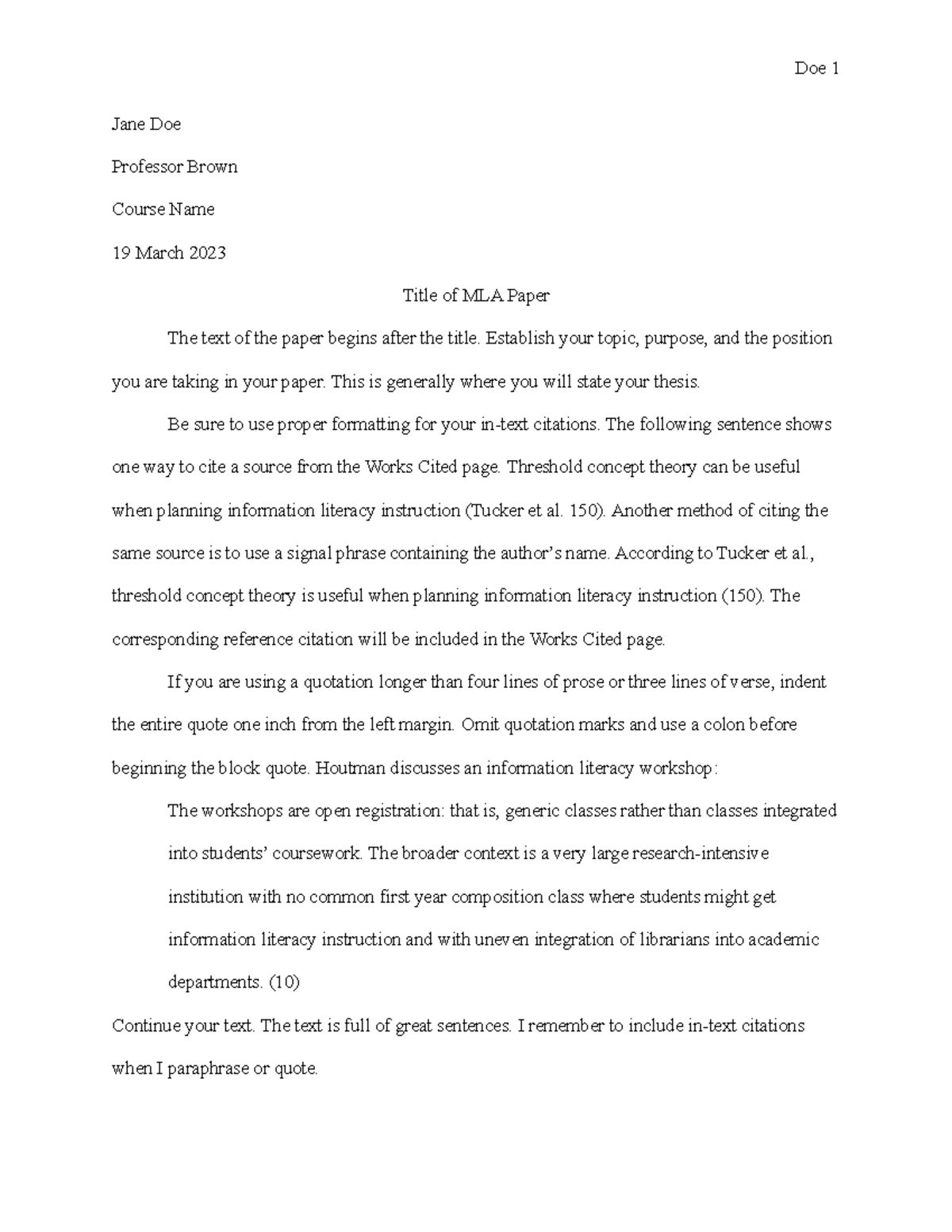 MLA Template - notes - Doe 1 Jane Doe Professor Brown Course Name 19 ...