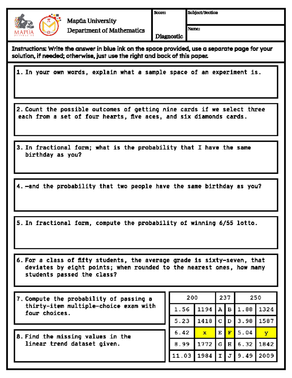 Diagnostic Exam - Subject/Section Name: Score: Mapúa University ...