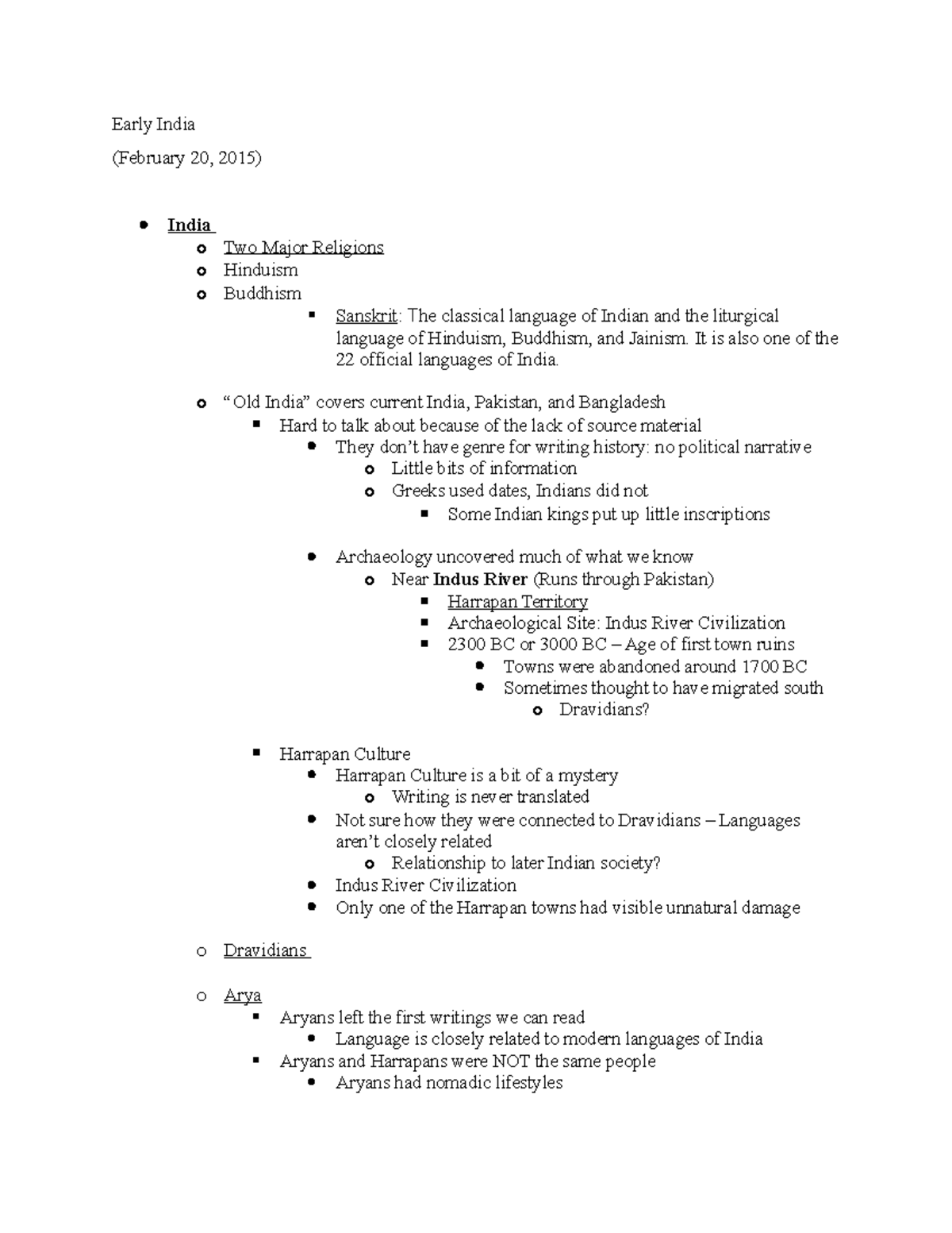 Early India - World Civ 1 - Early India (February 20, 2015) India o Two ...