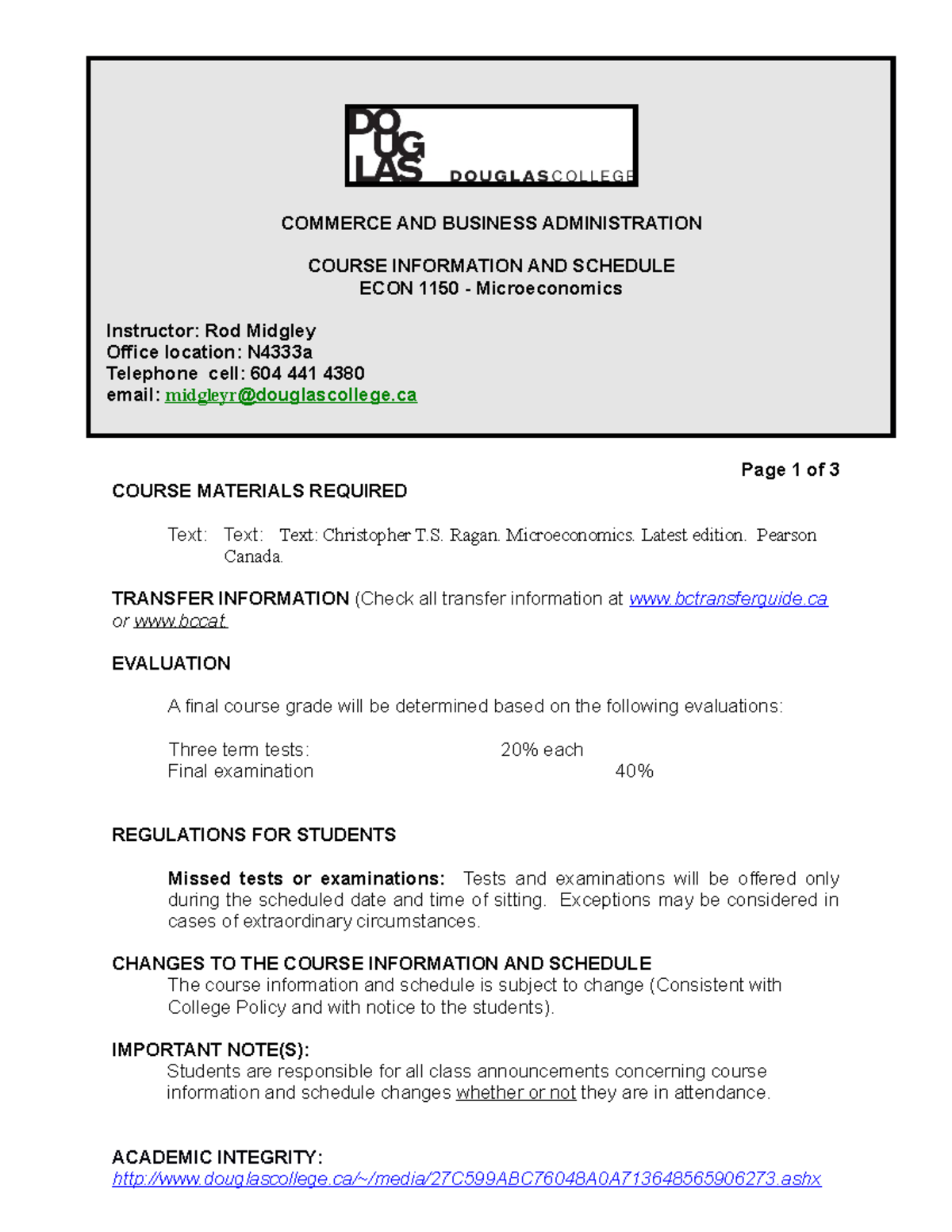Econ 1150 course outline - COMMERCE AND BUSINESS ADMINISTRATION COURSE ...