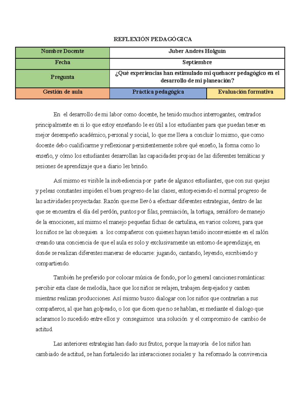 Reflexion Pedagogica Septiembre - REFLEXIÓN PEDAGÓGICA Nombre Docente ...
