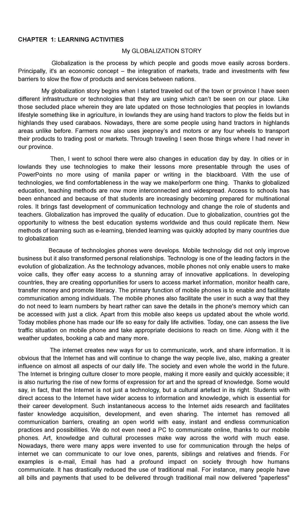 Contemporary World - Contemp - CHAPTER 1: LEARNING ACTIVITIES My GLOBALIZATION STORY ...