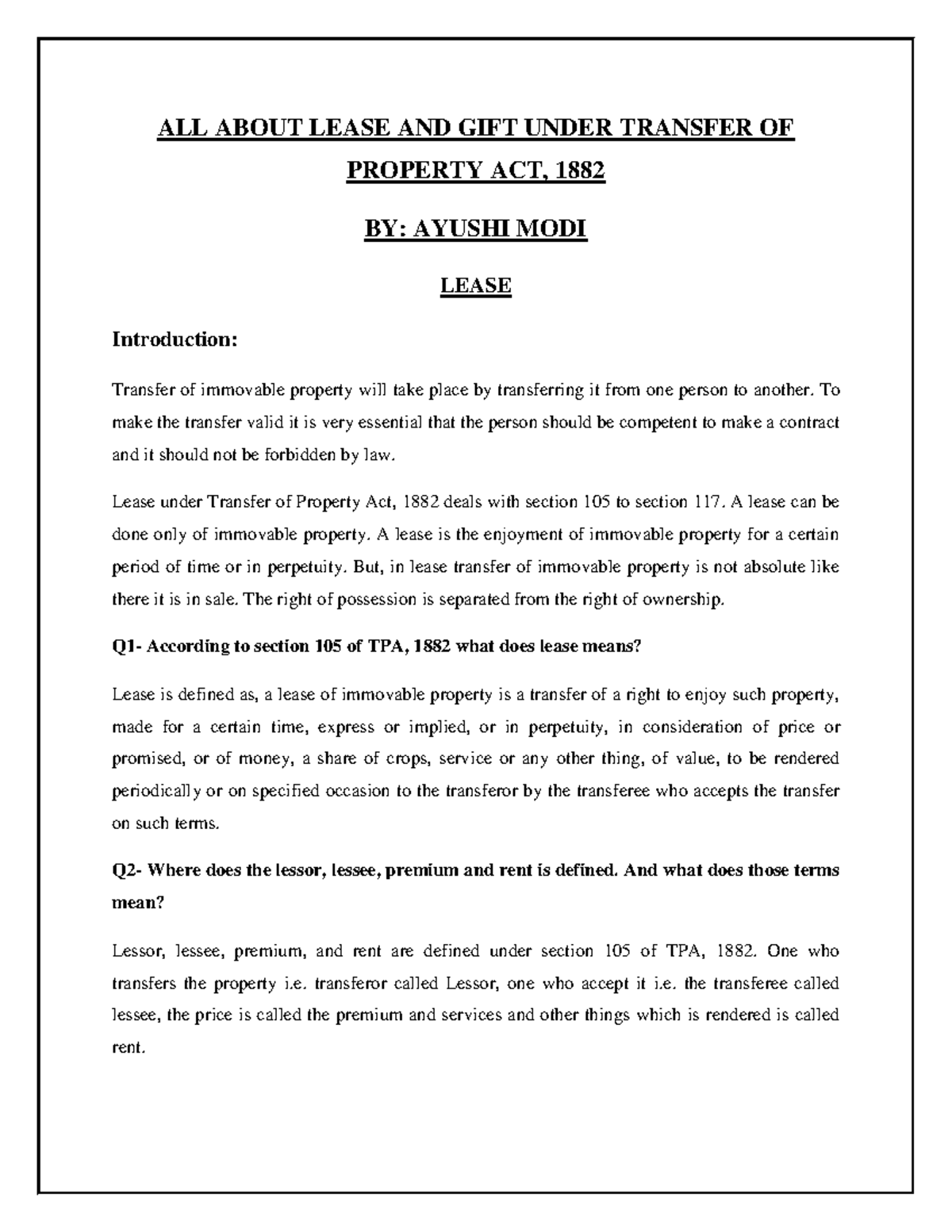 All About Lease and Gift under Transfer of Property Act 1882 By Ayushi ...