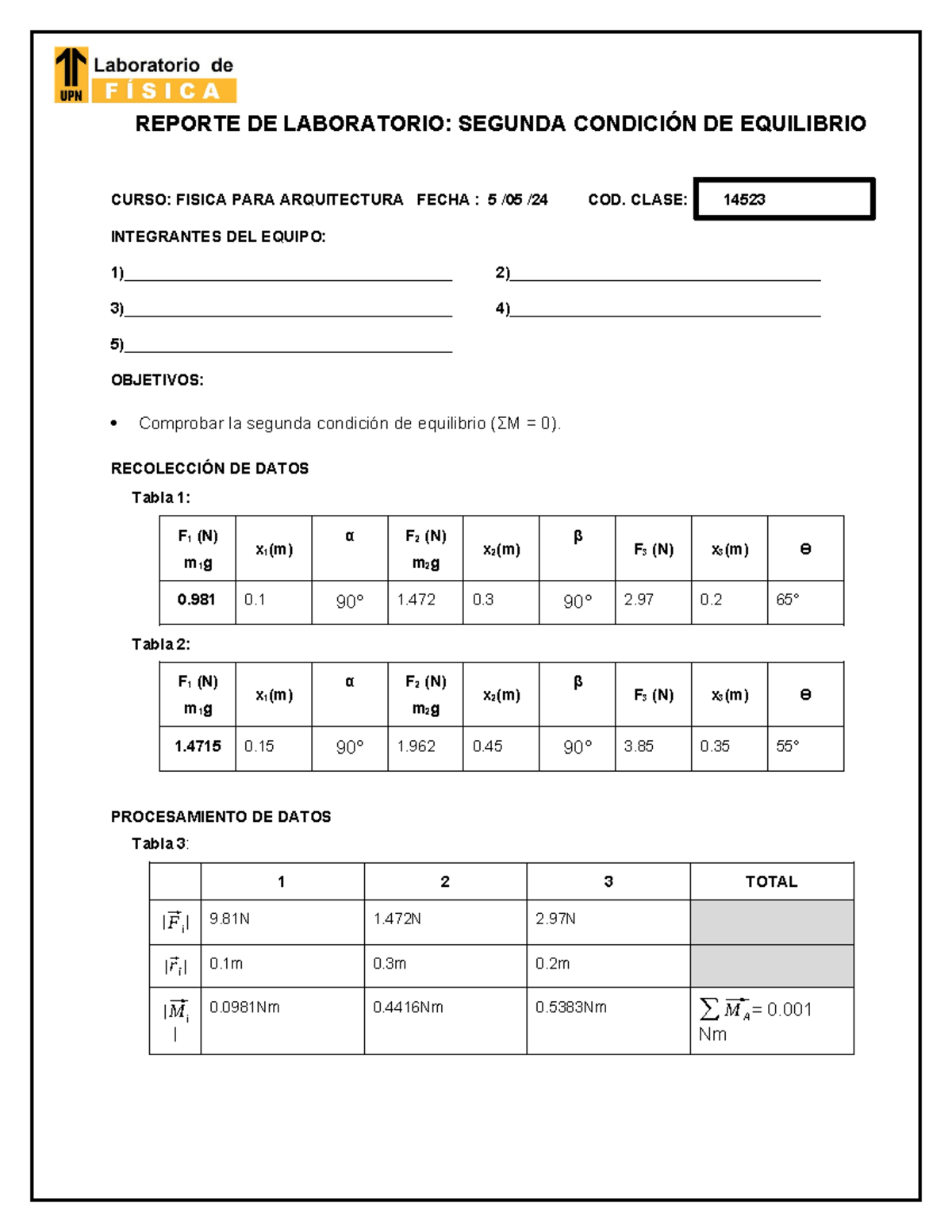 Reporte LAB Fisiarq S06 2CE 2024 - REPORTE DE LABORATORIO: SEGUNDA CONDICIÓN DE EQUILIBRIO CURSO ...