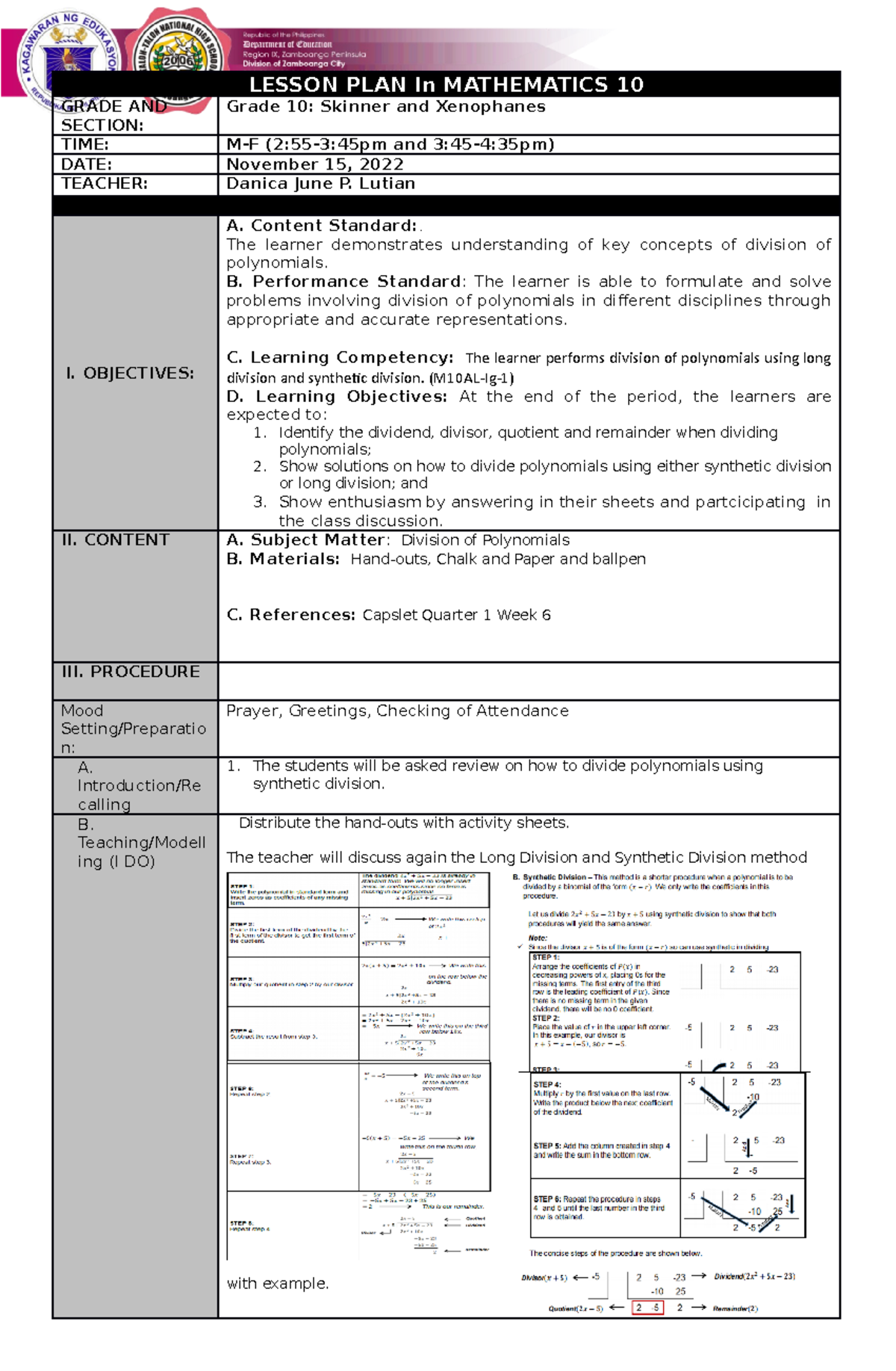 DLP- November 15, 2022-MATH 10 - LESSON PLAN In MATHEMATICS 10 GRADE AND SECTION: Grade 10 ...