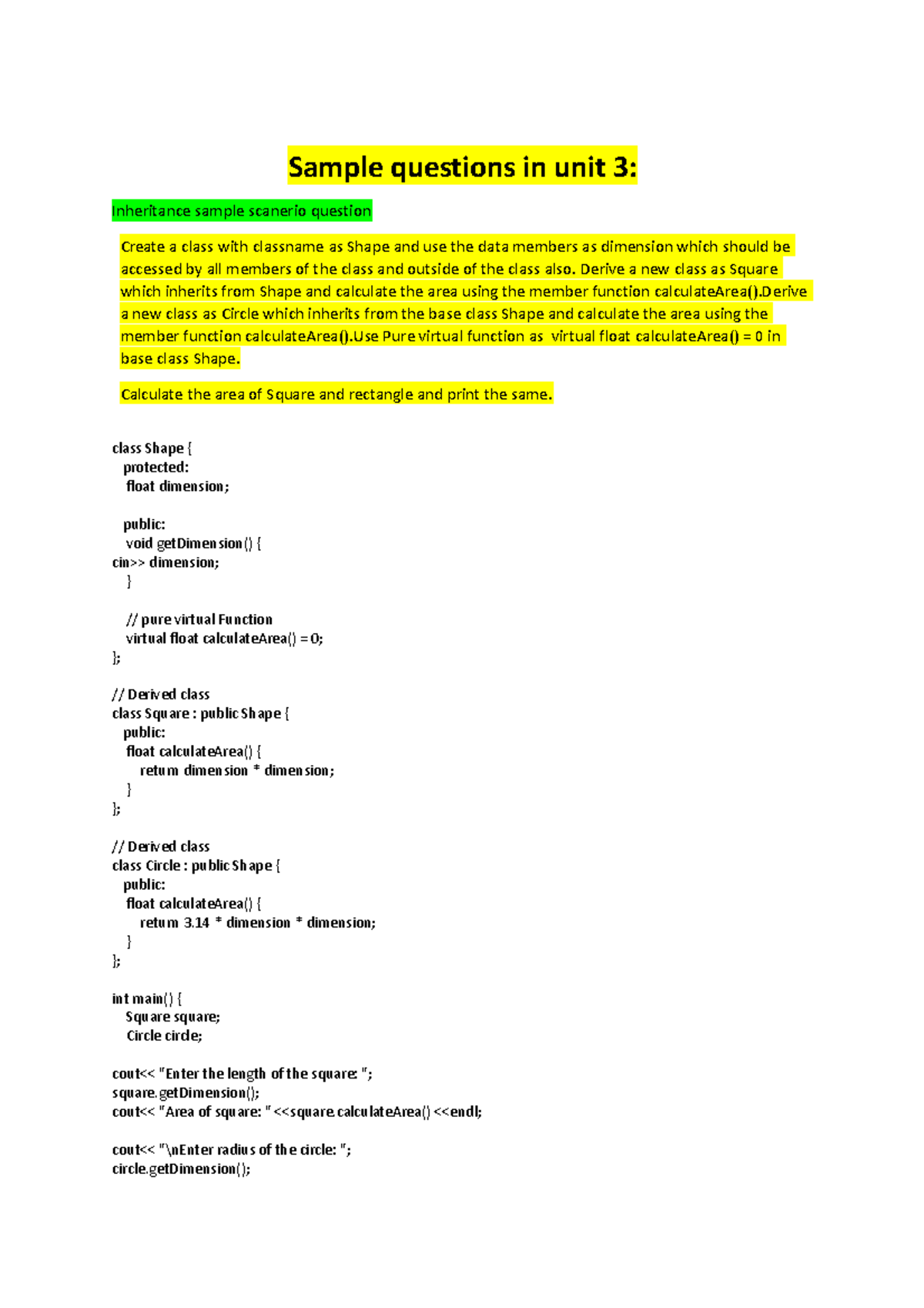 Sample questions and ans in unit 3, 4 - Sample questions in unit 3 ...