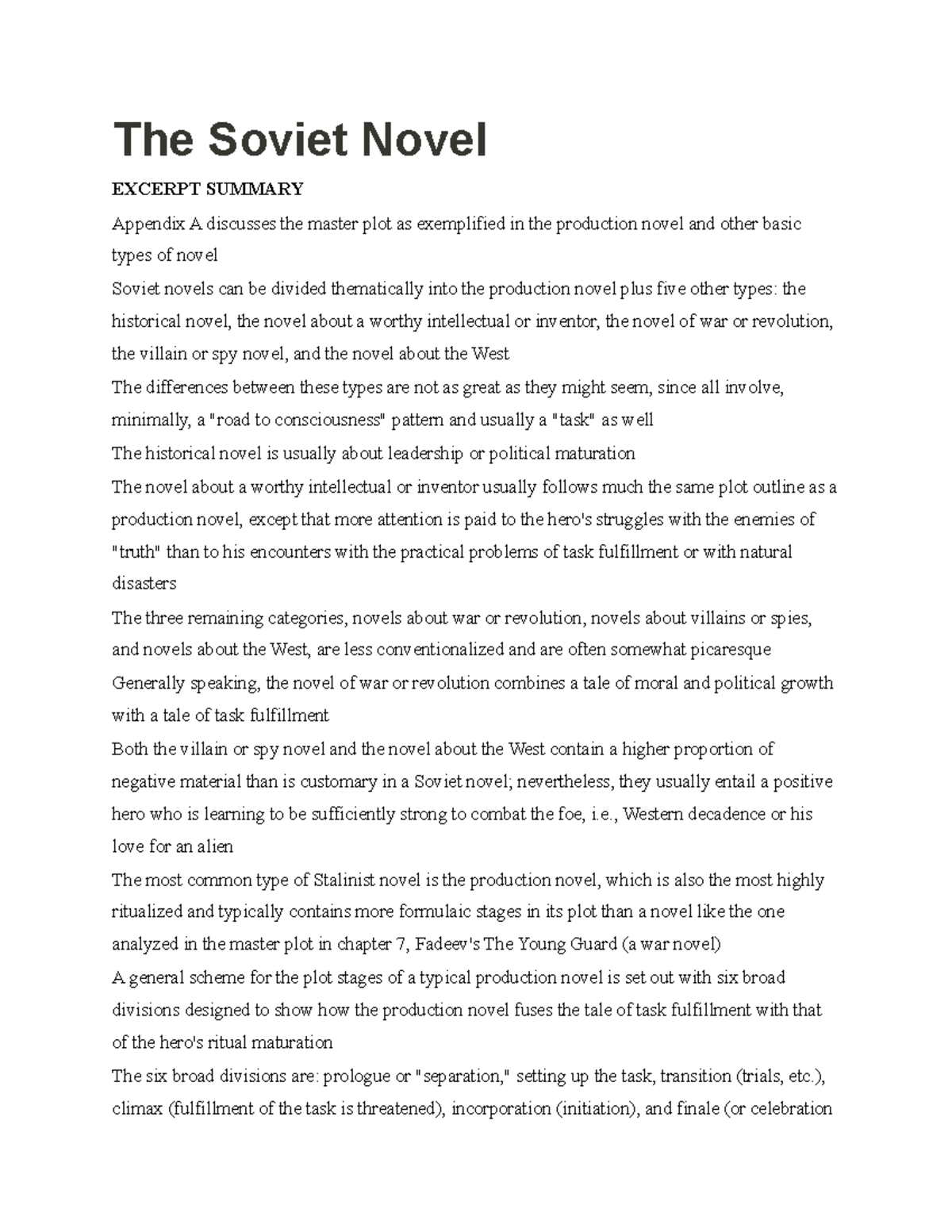 The Soviet Novel Notes - The Soviet Novel EXCERPT SUMMARY Appendix A ...