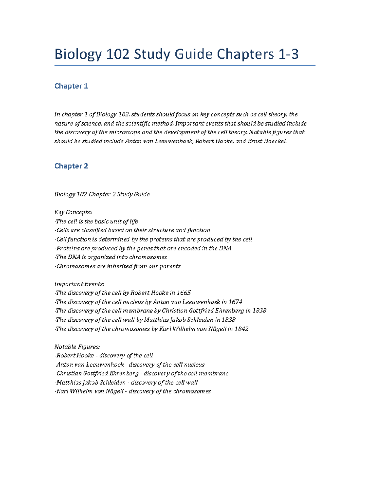 Biology 102 Study Guide Chapters 1-3 - Important events that should be ...