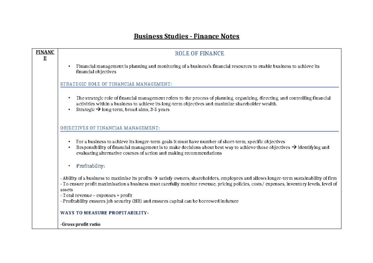 Finance notes - Business Studies - Finance Notes FINANC E ROLE OF ...