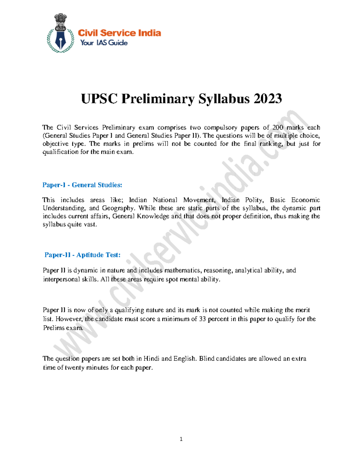 Upsc-prelims-syllabus - 1 UPSC Preliminary Syllabus 20 23 The Civil ...