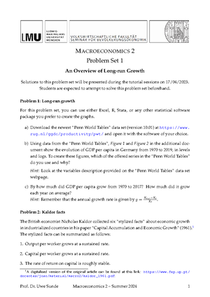 Problem Set 3 - Übung - MACROECONOMICS 2 Problem Set 3 Solow Model ...