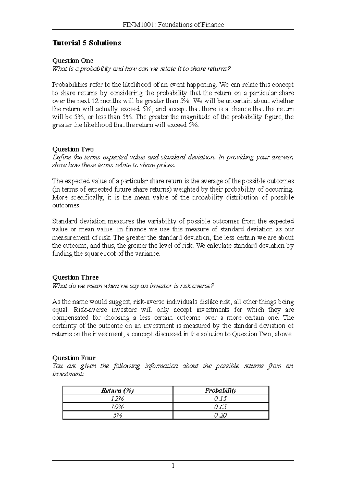 Tutorial 5 Solutions - FINM1001: Foundations of Finance Tutorial 5 ...