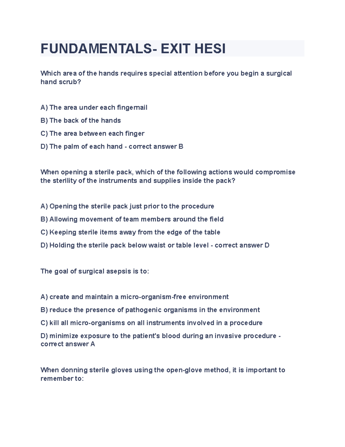 Fundamentals- EXIT HESI - FUNDAMENTALS- EXIT HESI Which area of the ...