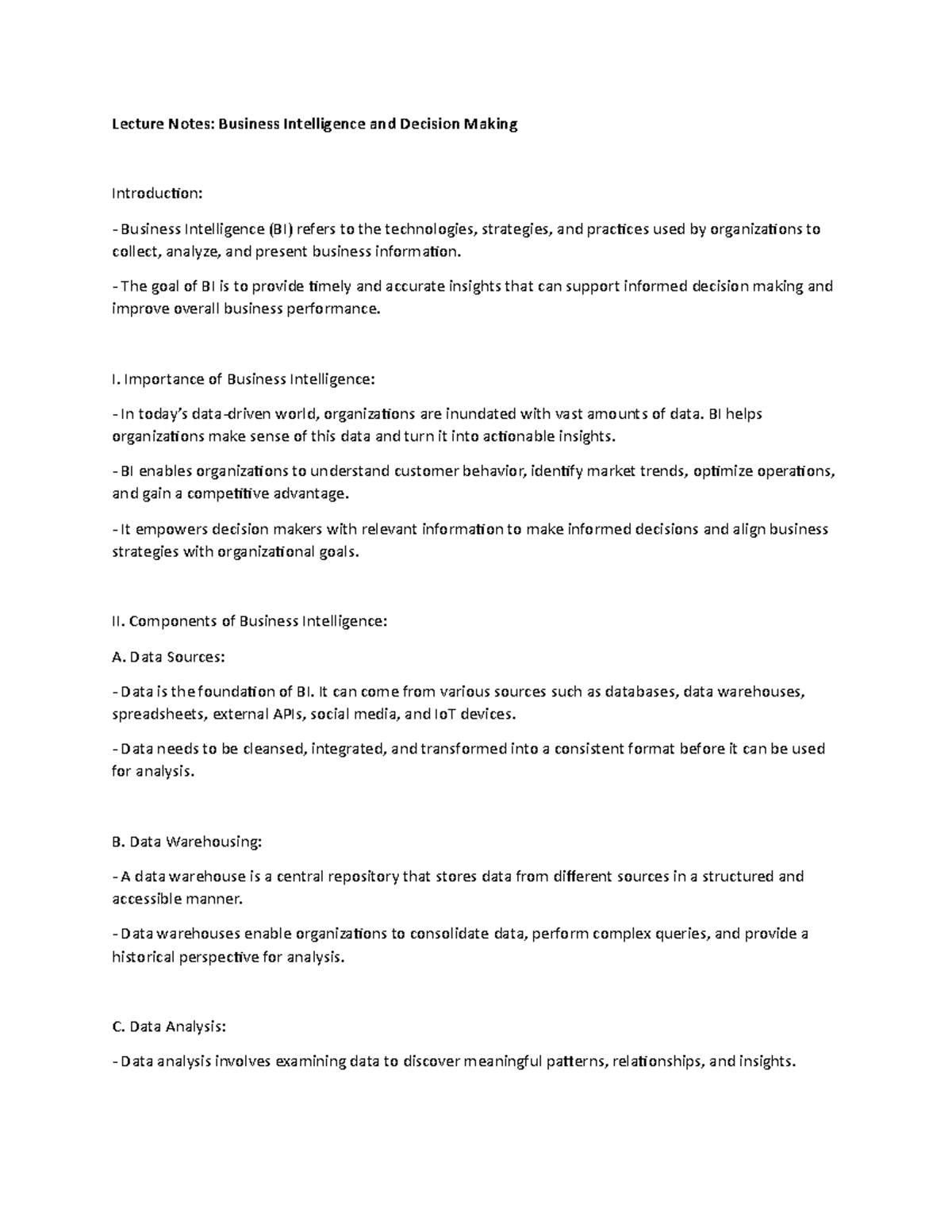 Lecture Notes Business Intelligence And Decision Making Lecture Notes Business Intelligence