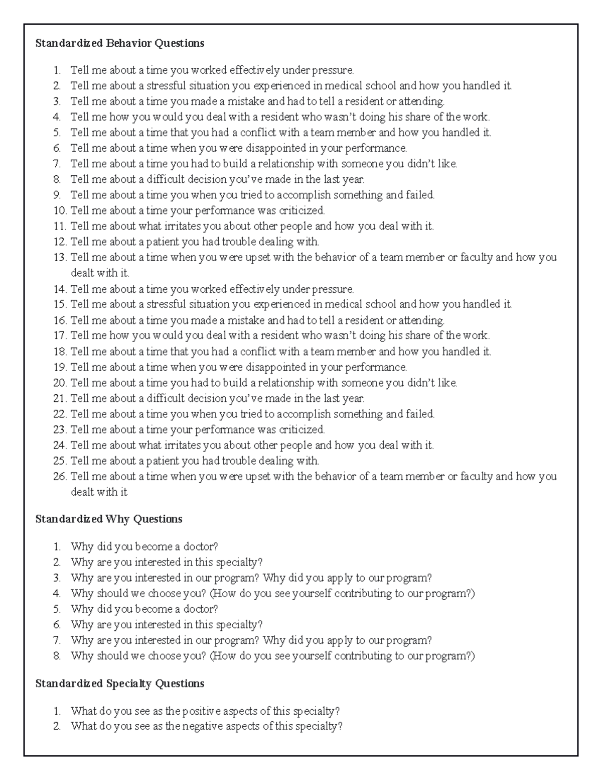 Questions for Match Interview - Standardized Behavior Questions 1. Tell ...