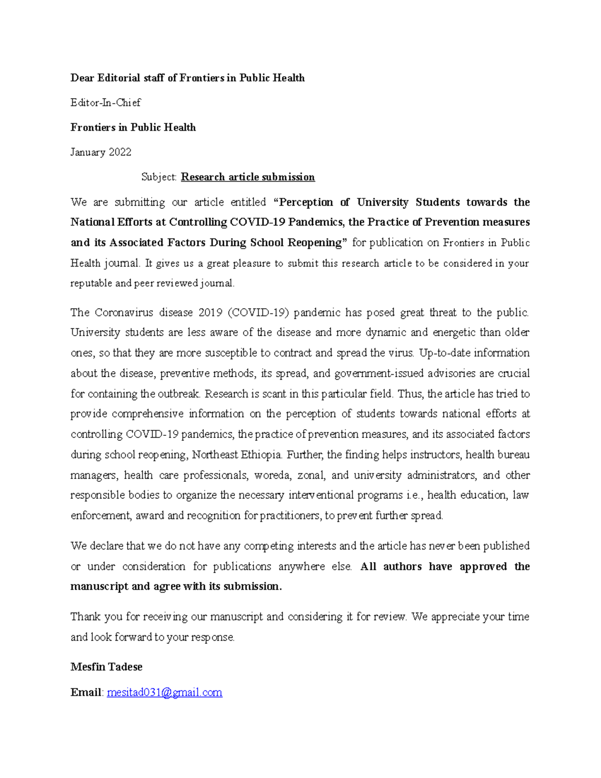Cover letter - sadfgnhjmnm - Dear Editorial staff of Frontiers in ...