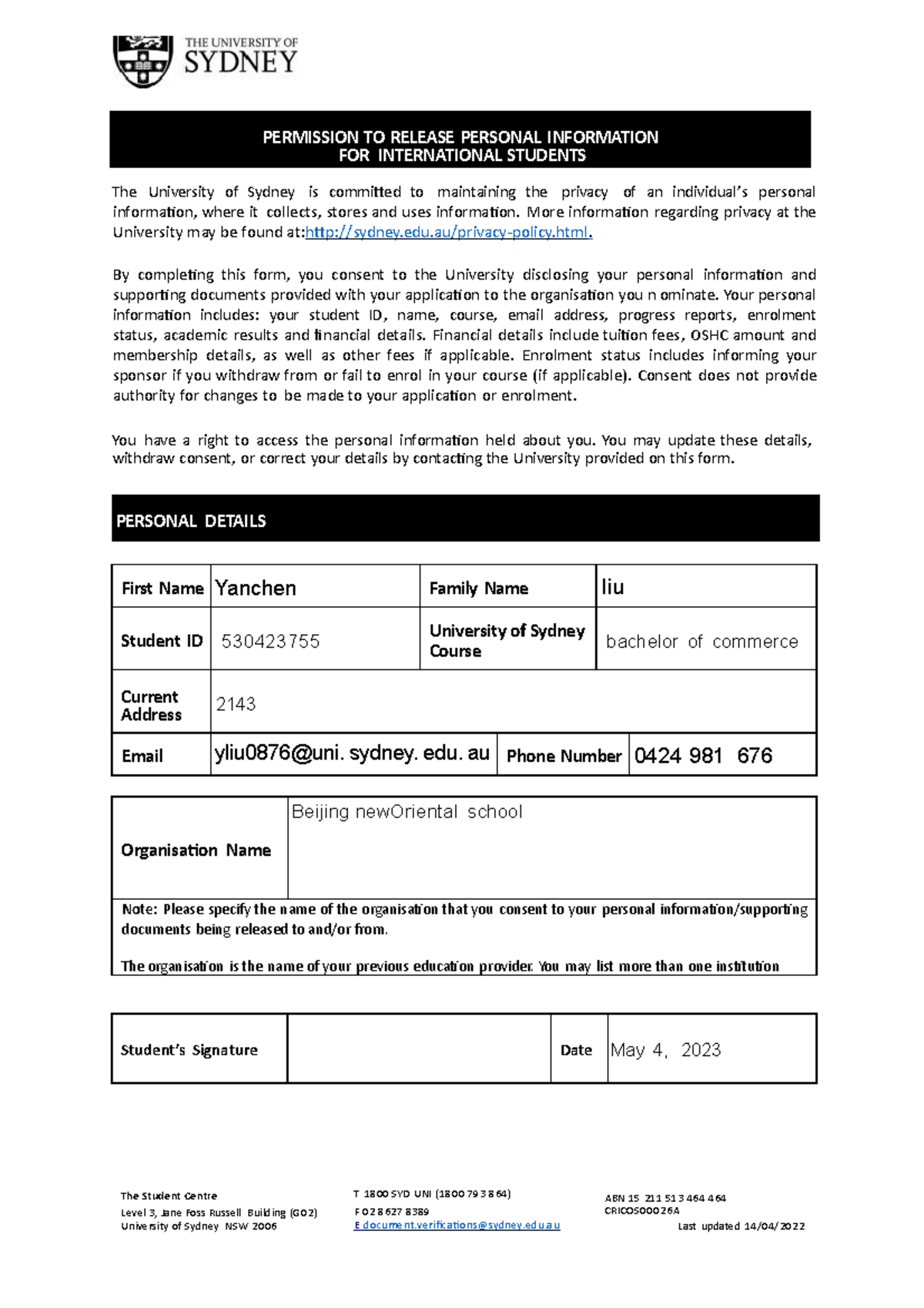 Consent Form Doc Verification - The Student Centre Level 3, Jane Foss ...